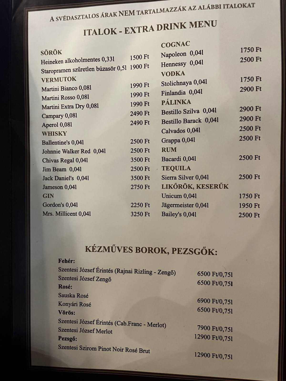 Carta de Trofea Grill Restaurant, Budapest, Király u. 30-32