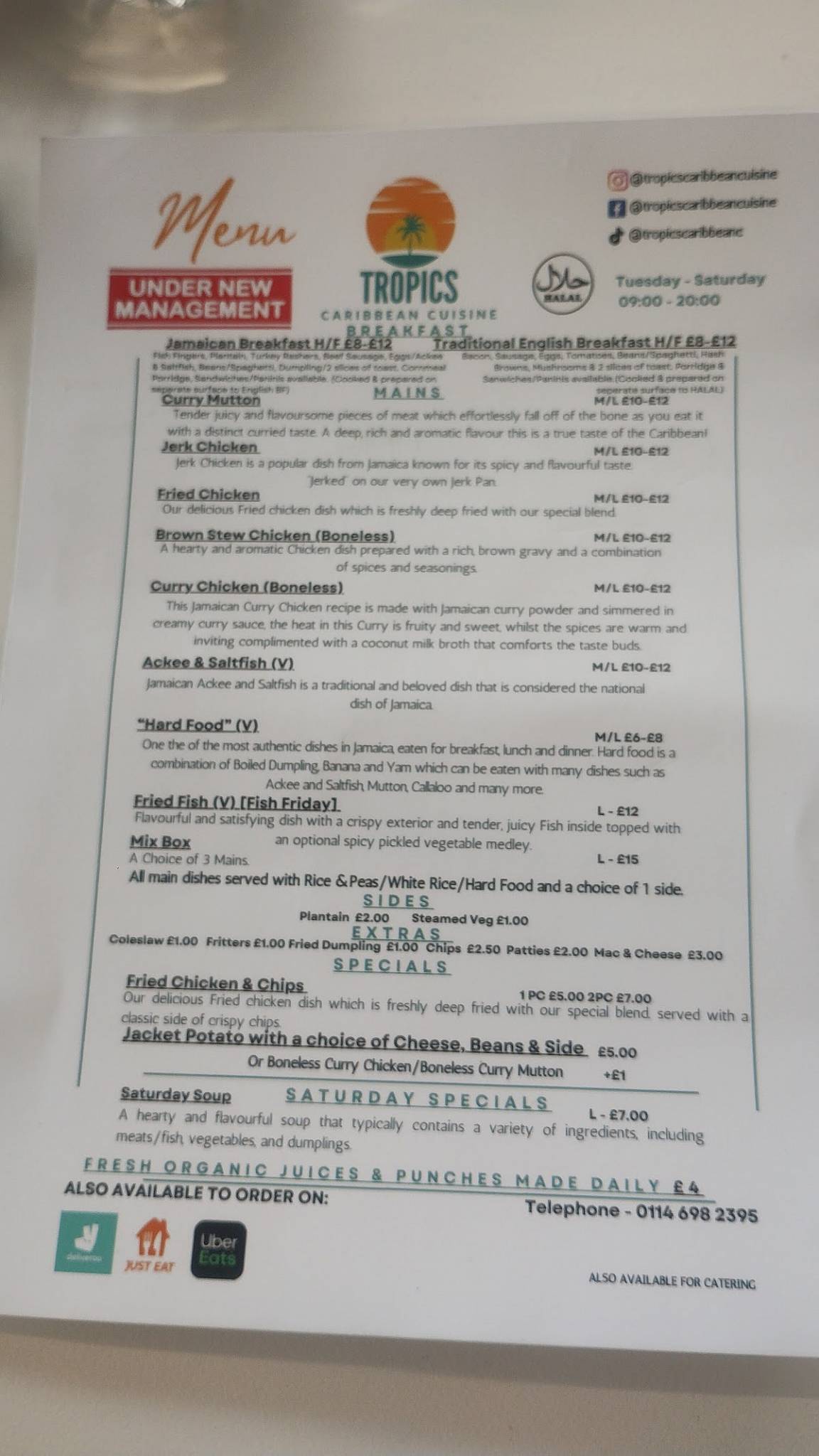 Menu at Tropics Caribbean Cuisine restaurant, Sheffield