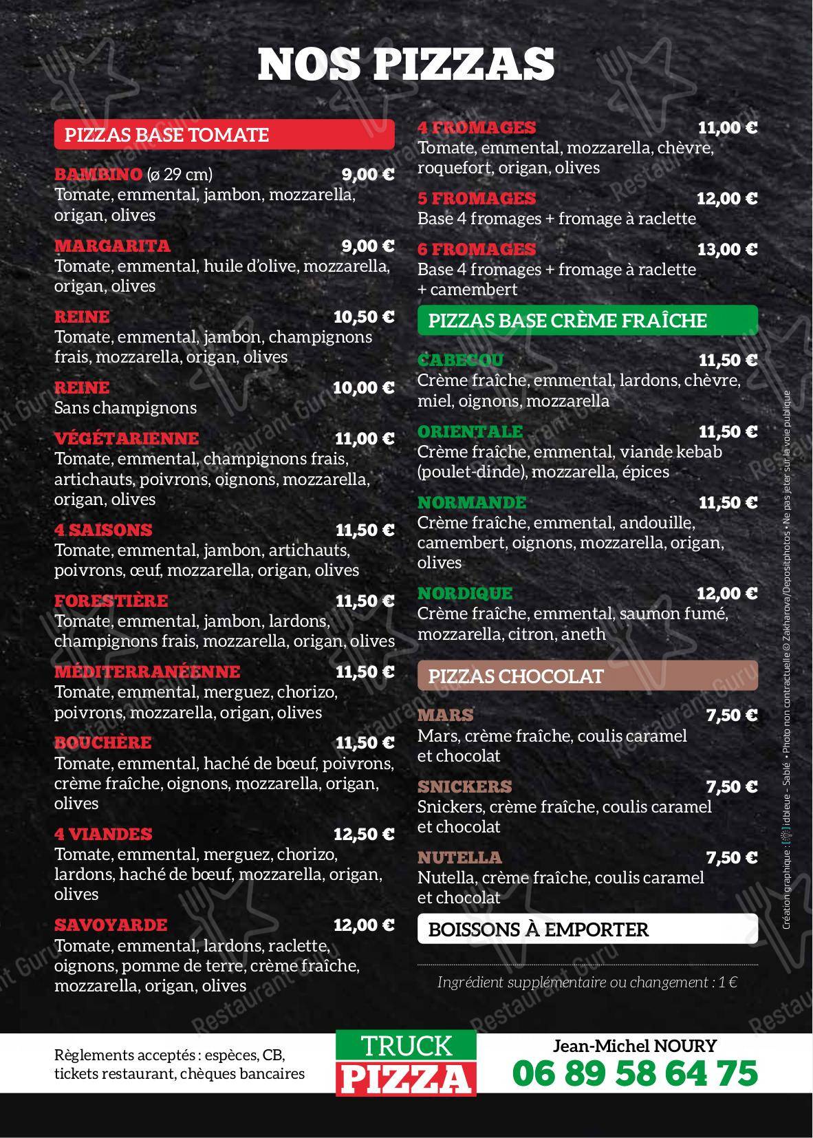 Menu au Truck Pizza restaurant, Sablé-sur-Sarthe