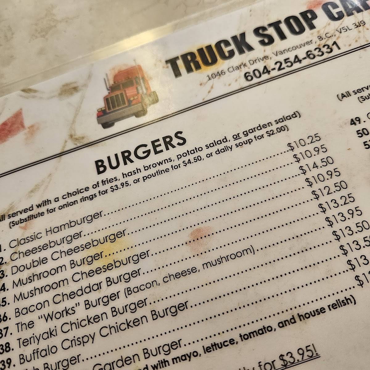 Menu at Truck Stop Cafe, Vancouver
