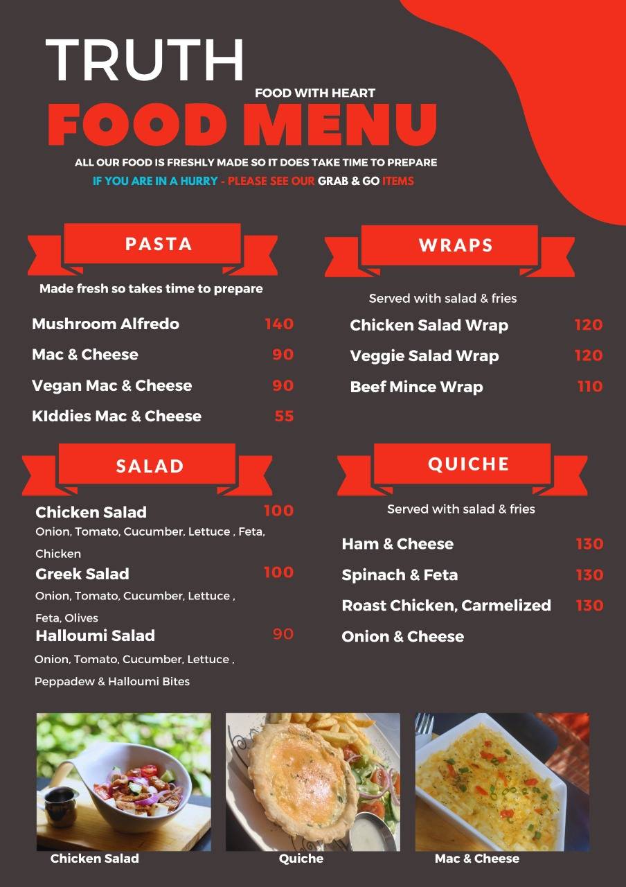 Menu au Truth Cafe, Johannesburg, and