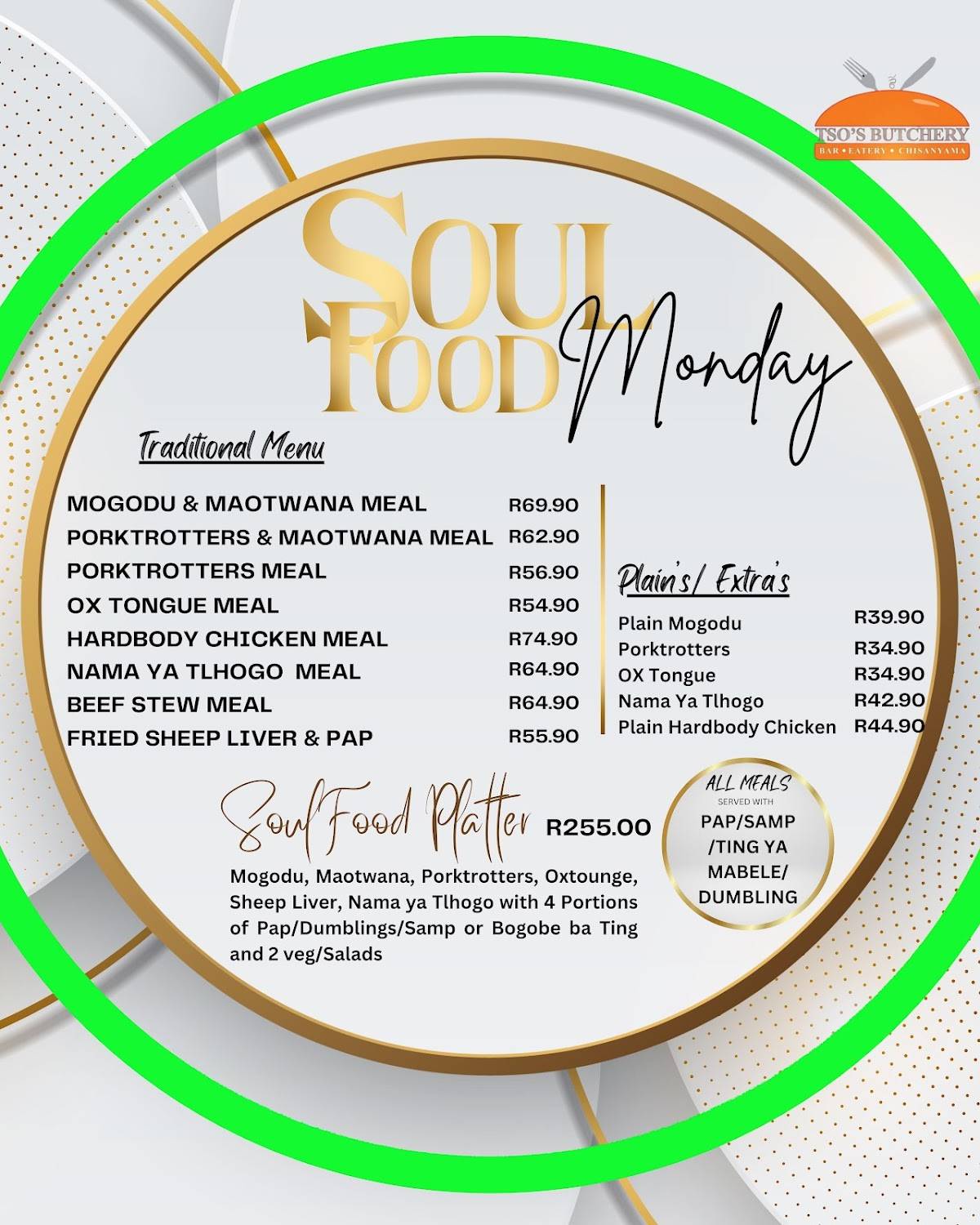 Menu at Tso's Butchery restaurant, Krugersdorp