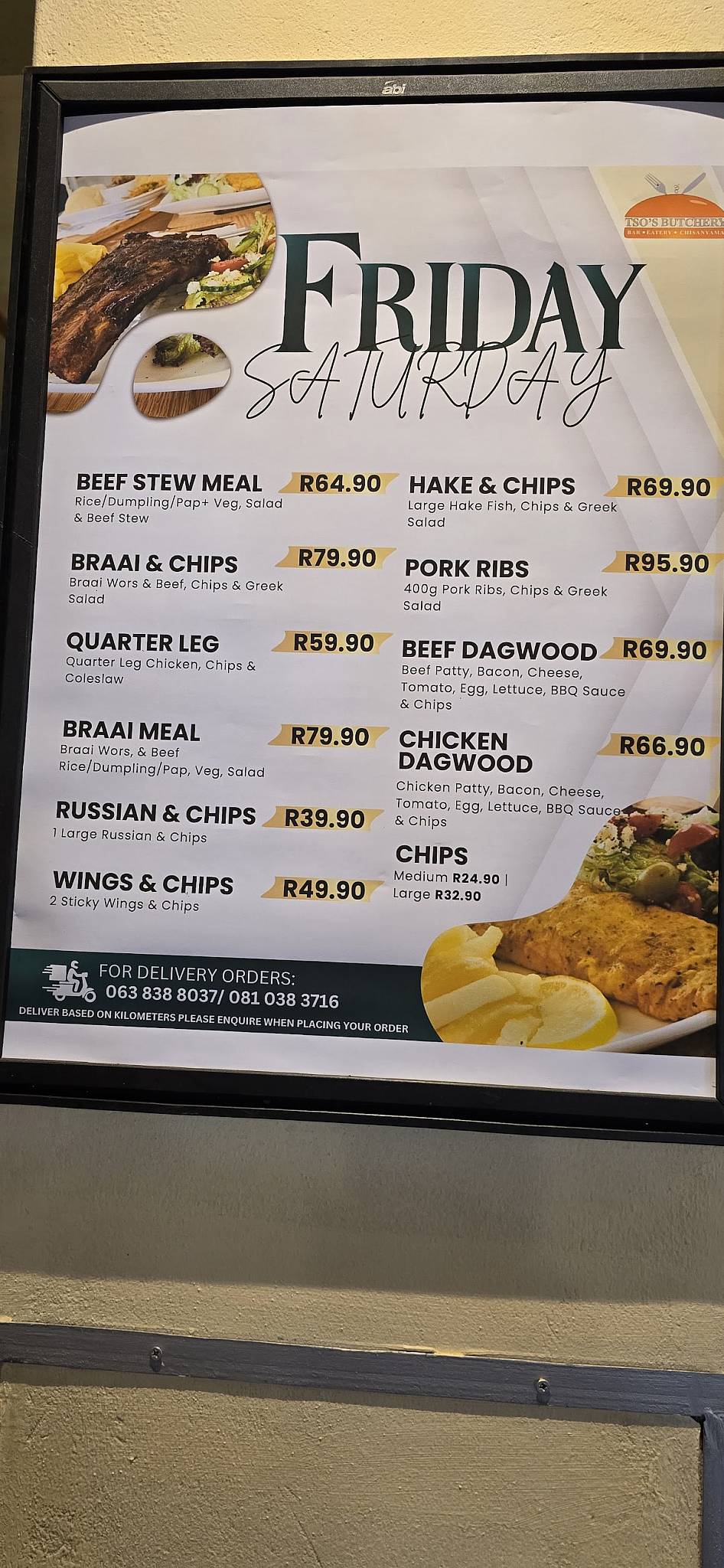 Menu at Tso's Butchery restaurant, Krugersdorp