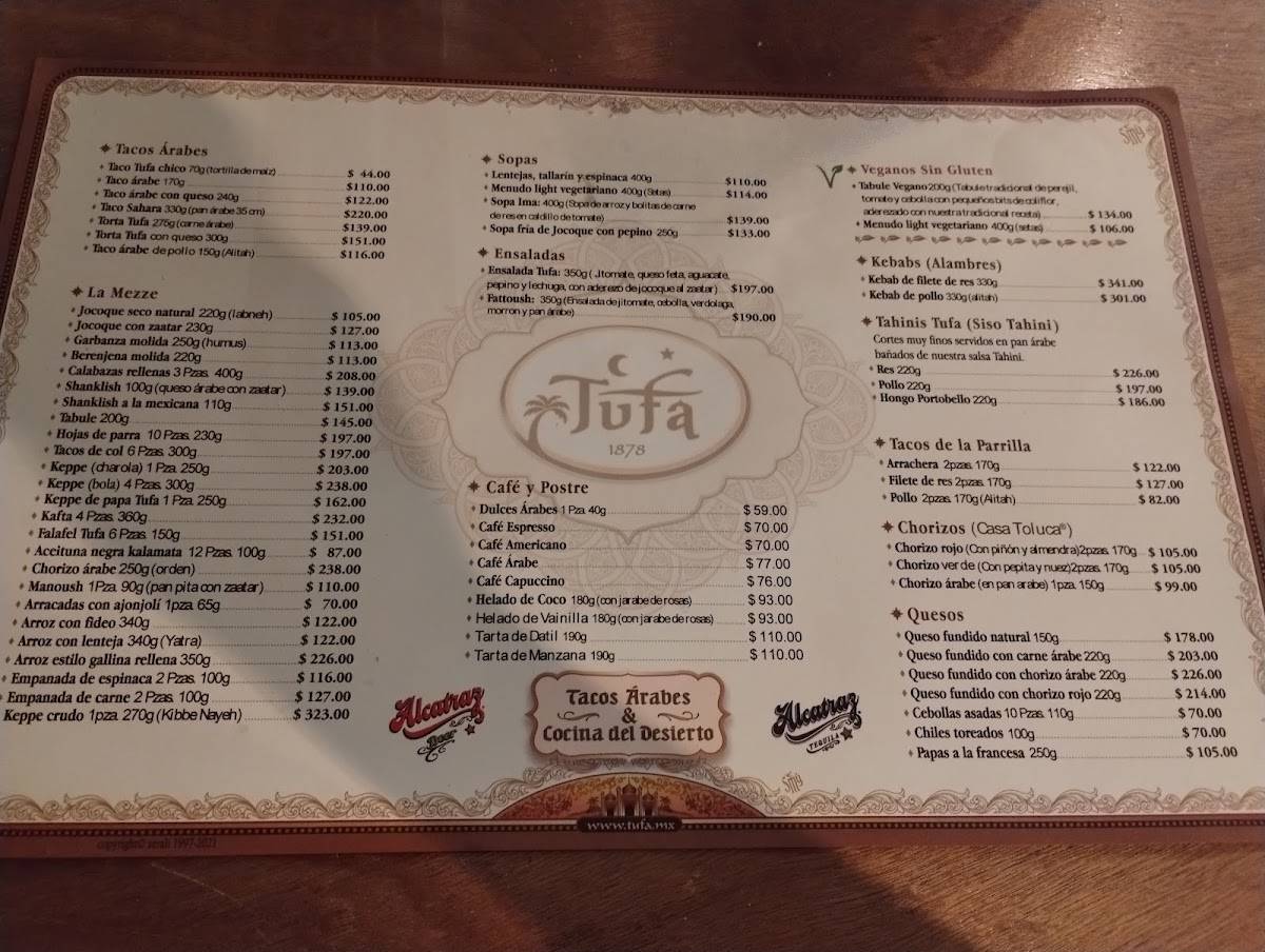 Carta del restaurante Tufa, Ciudad del México