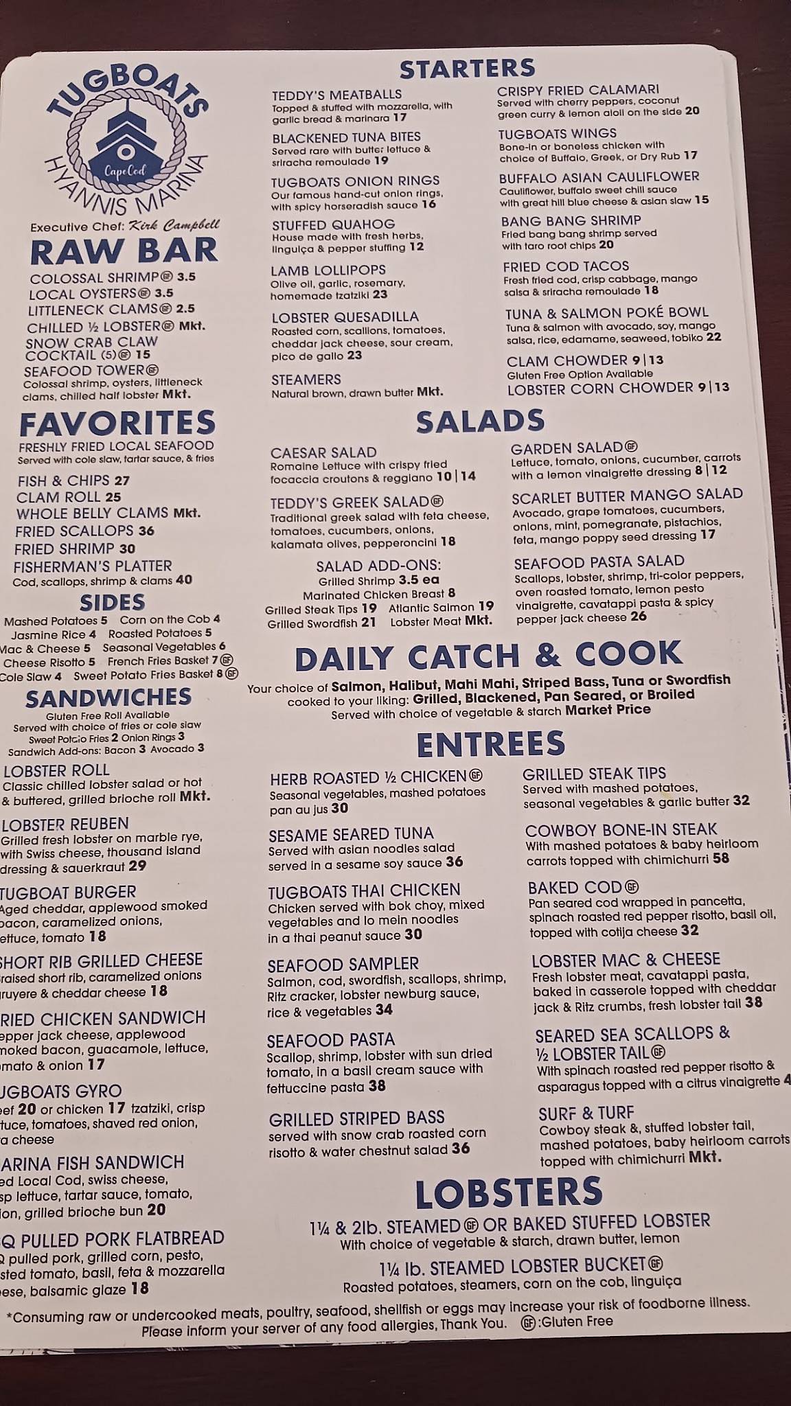 Menu at Tugboats at Hyannis Marina pub & bar, Yarmouth