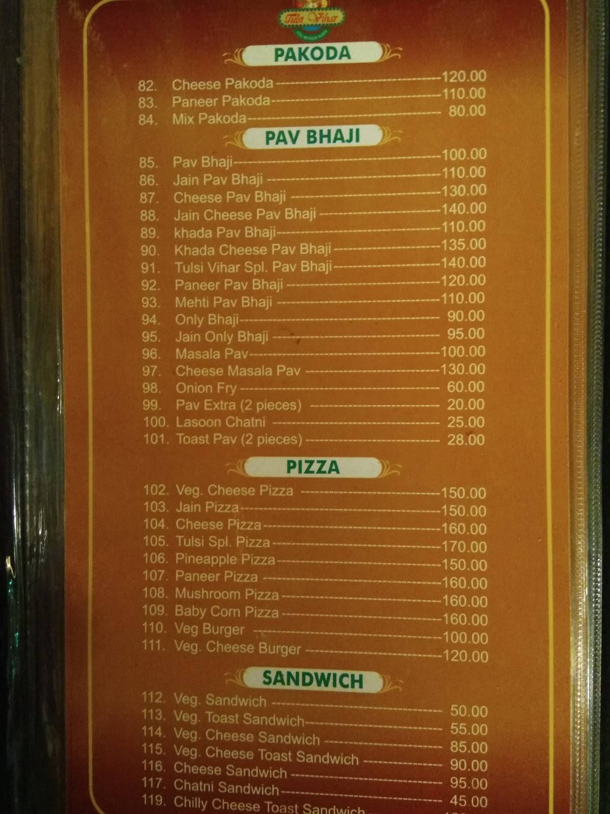 Menu at Tulsi Vihar Veg Restaurant, Mumbai, Suman CHS