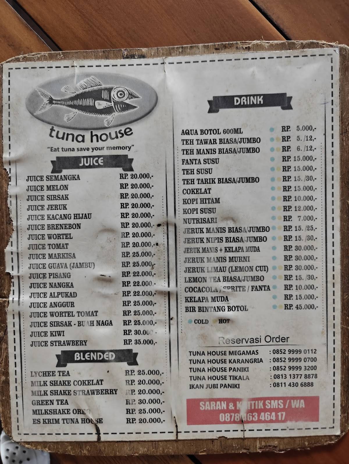 Menu at Tuna House Bitung Karangria restaurant, Manado, Jalan Boulevard 2