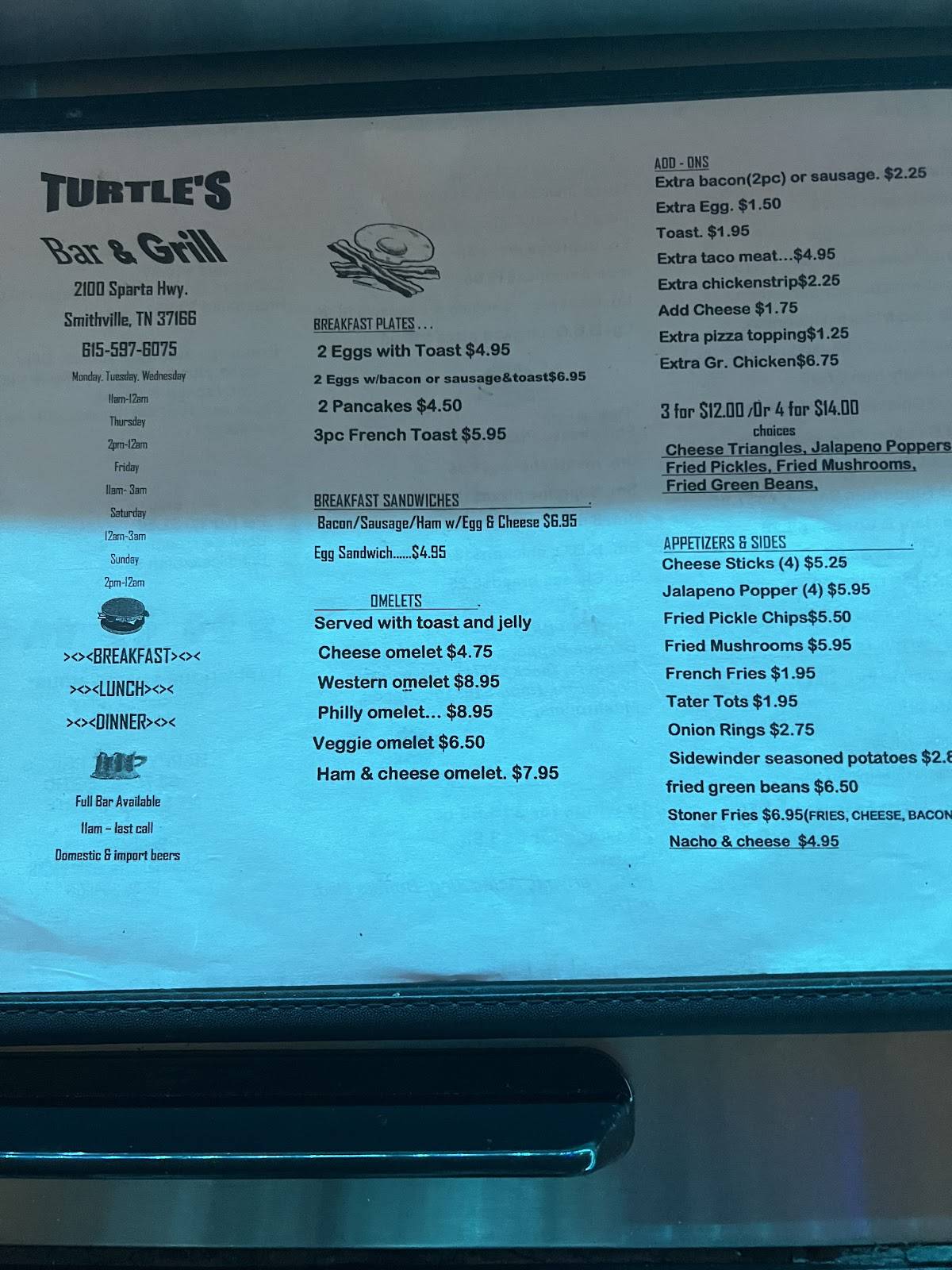 Menu at Turtles Bar & Grill, Smithville