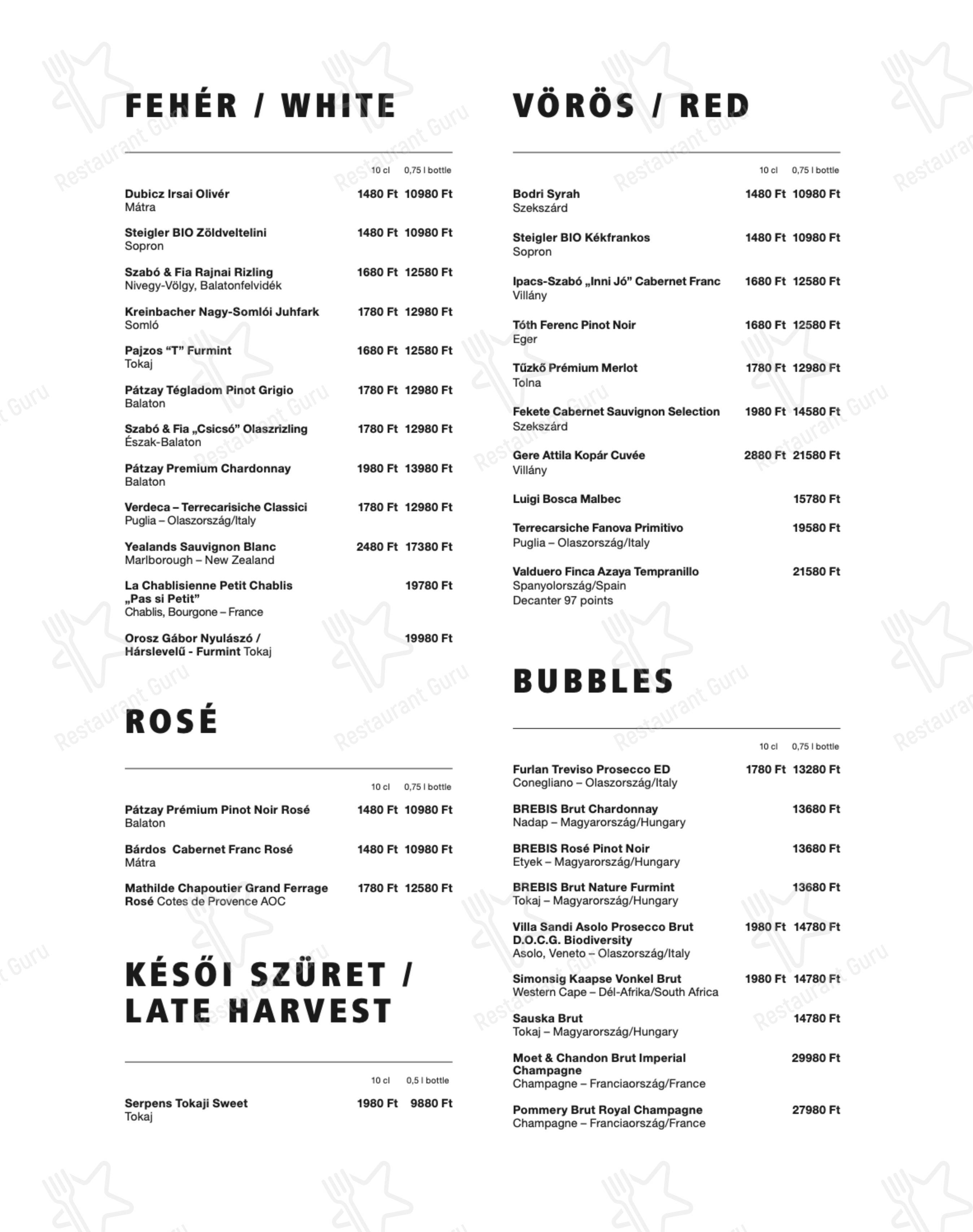 Menu at Twentysix Budapest Restaurant, Budapest