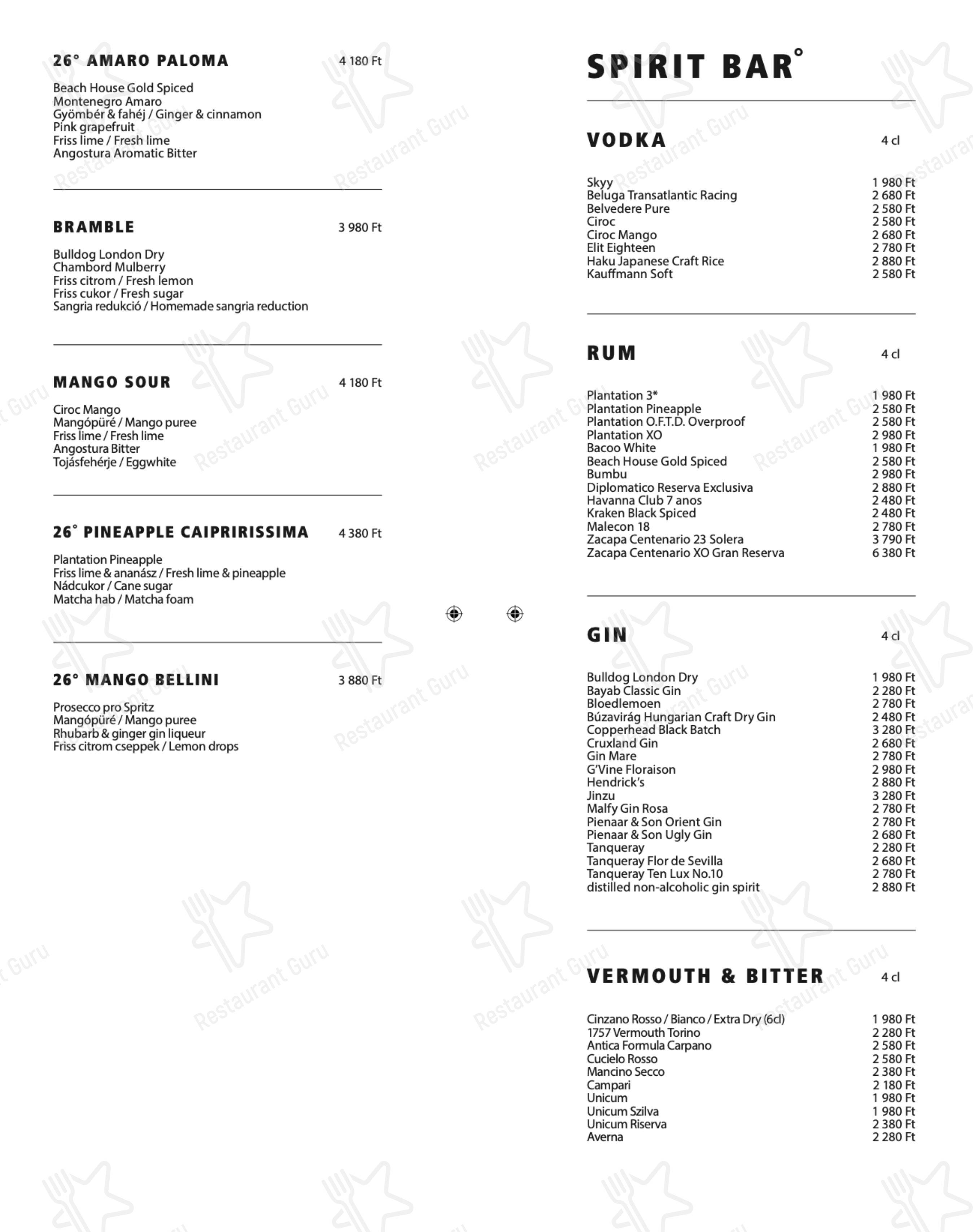 Menu at Twentysix Budapest Restaurant, Budapest