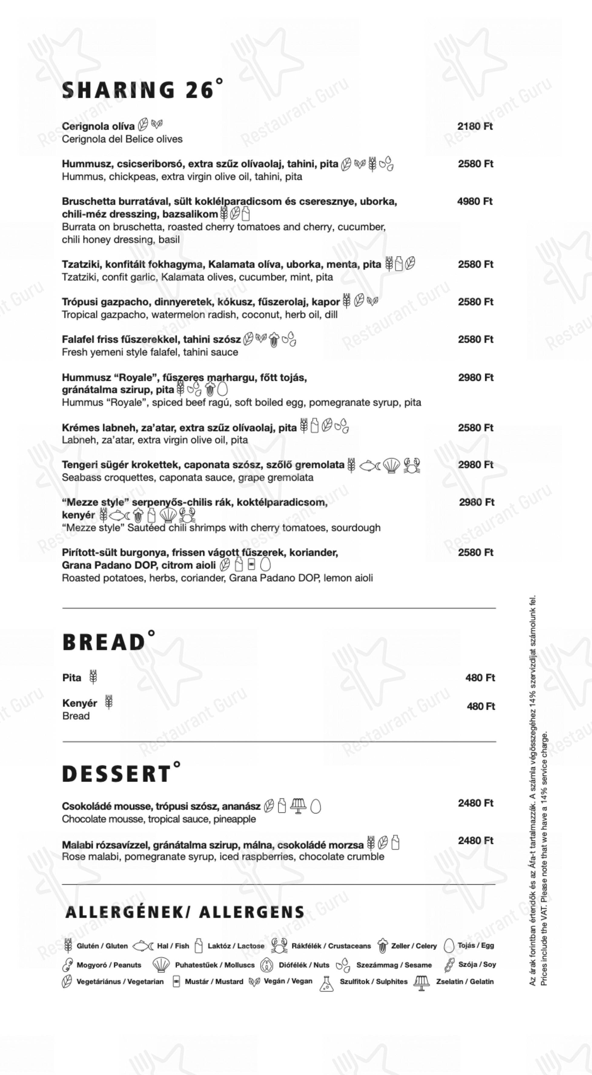 Menu at Twentysix Budapest Restaurant, Budapest