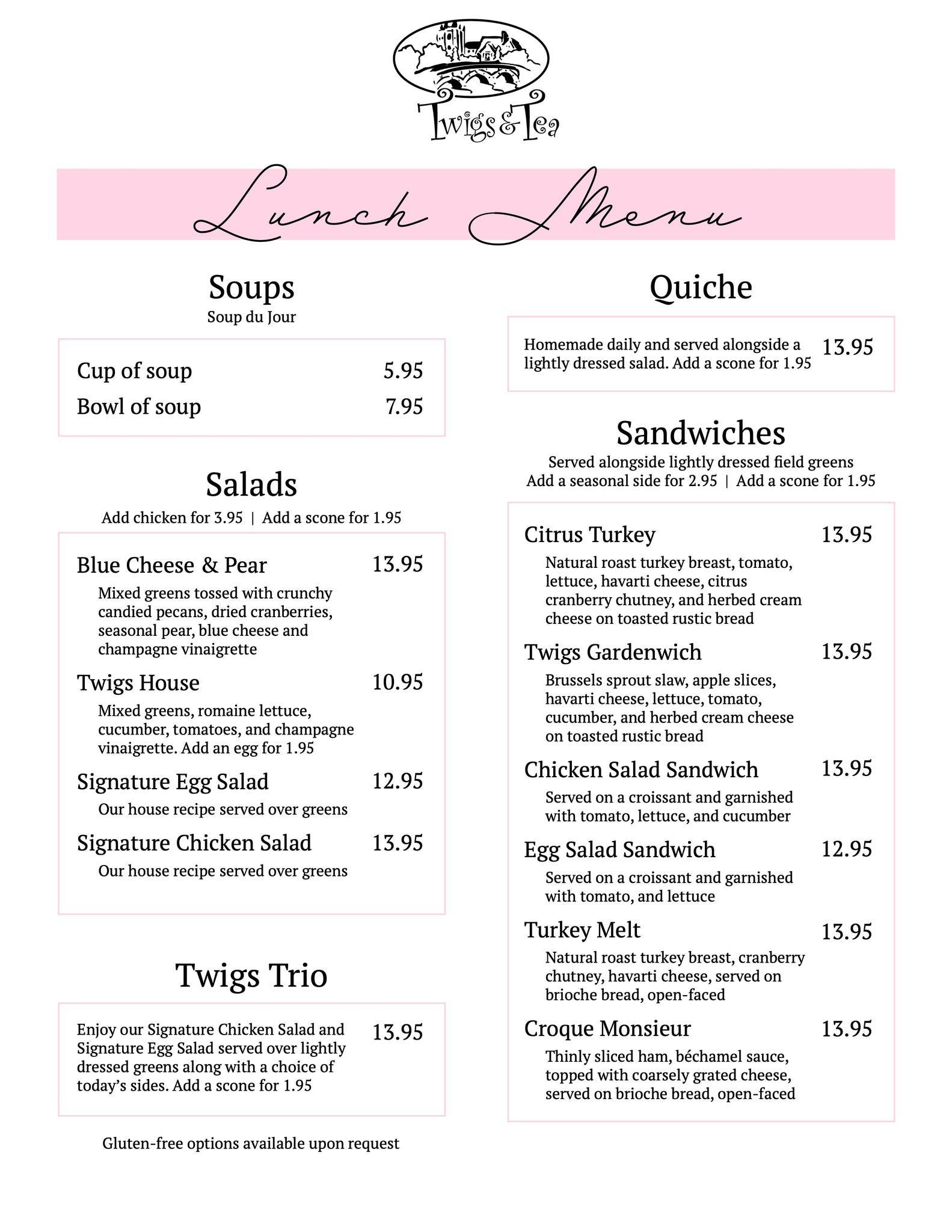 Menu at Twigs and Tea restaurant, Fishers
