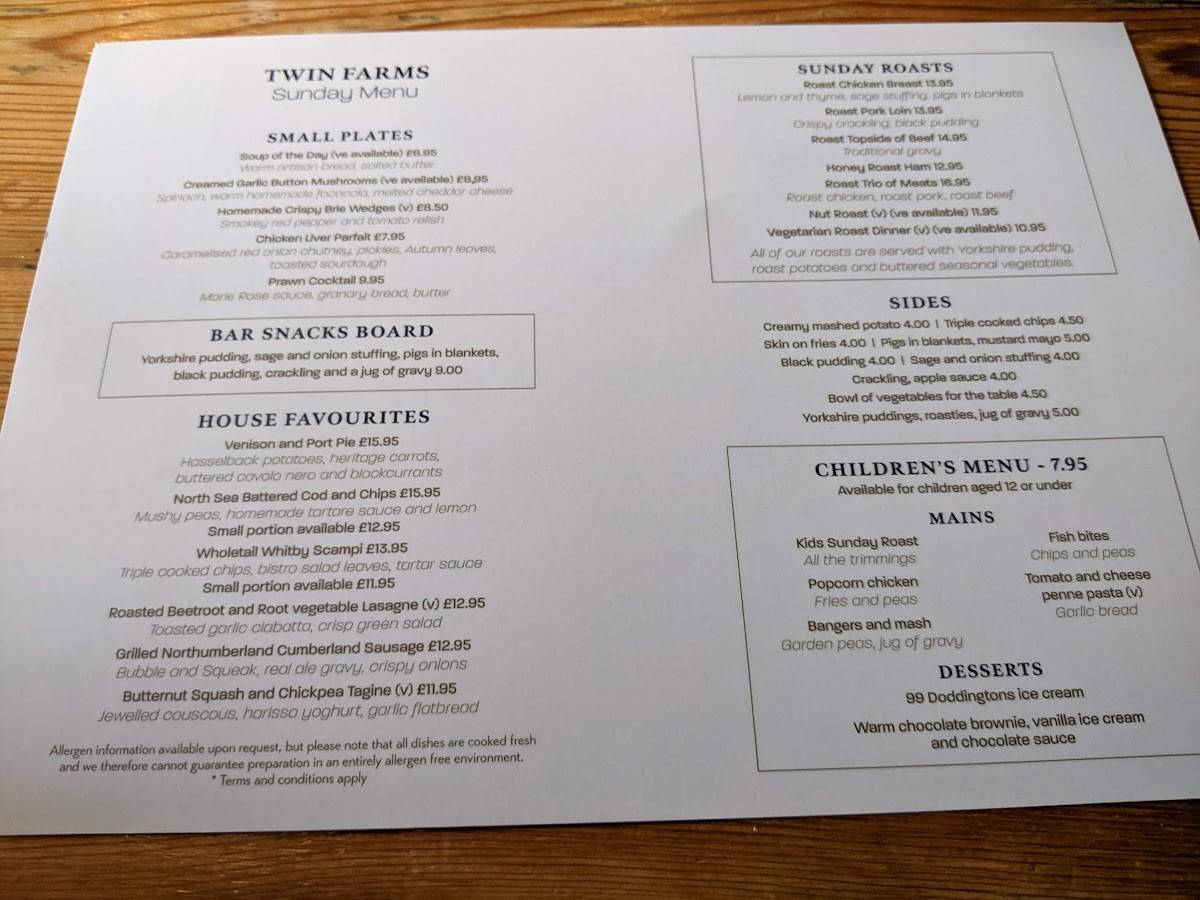Menu at Twin Farms pub & bar, Newcastle upon Tyne, Twin Farms