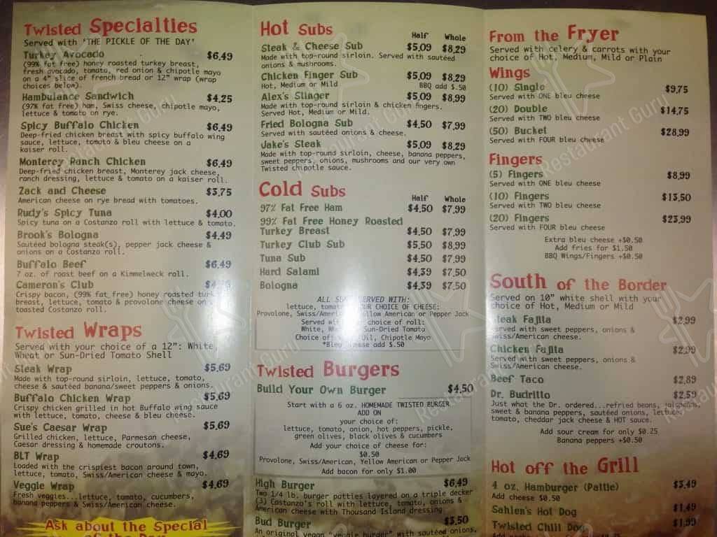 Menu at Twisted Pickle restaurant, Buffalo