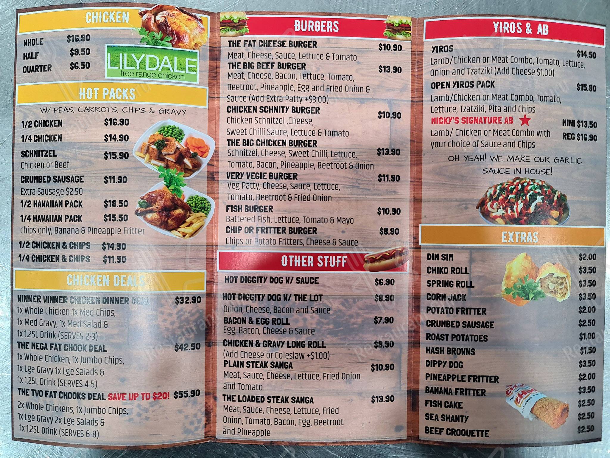 Menu at Two Fat Chooks fast food, Port Adelaide