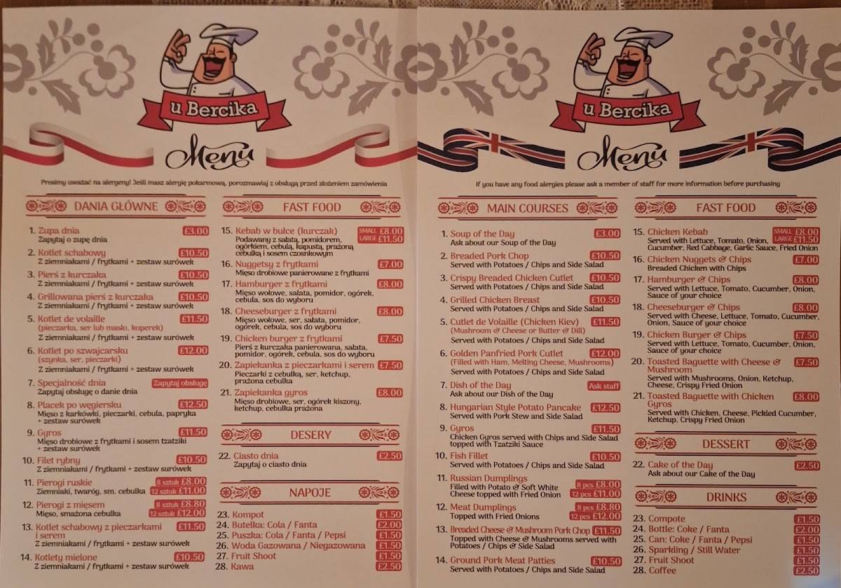 Menu at U Bercika liverpool restaurant, Liverpool