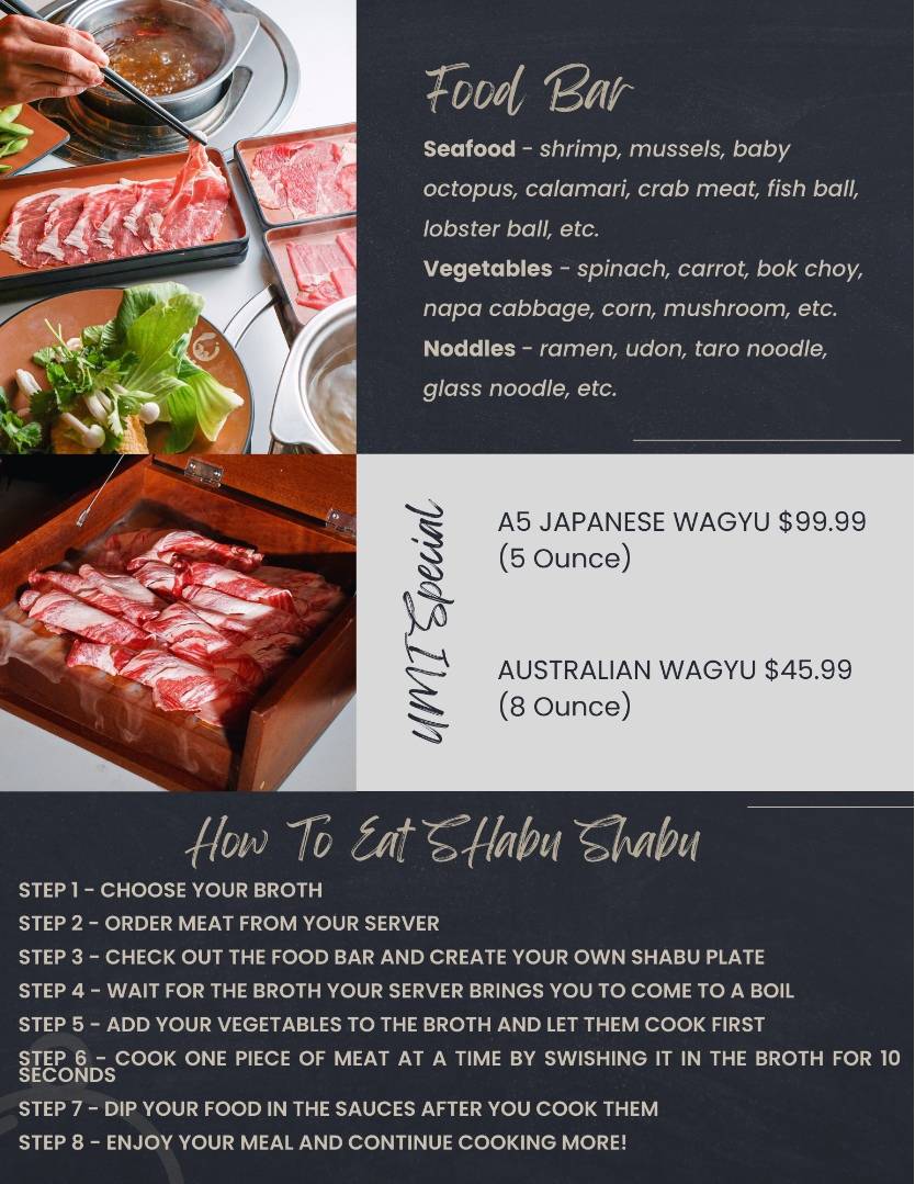 Carta del restaurante UMI Japanese Shabu Shabu, South Salt Lake