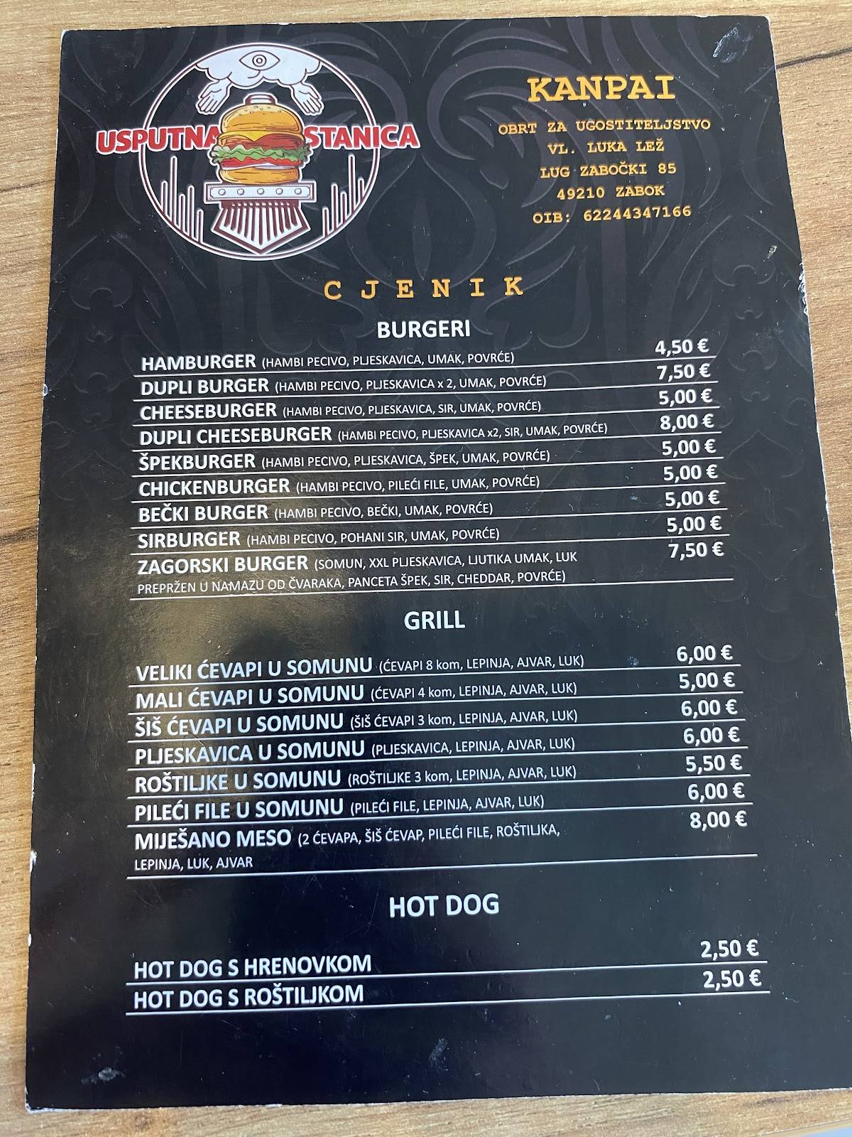 Menu at USPUTNA STANICA restaurant, Lug Zabočki