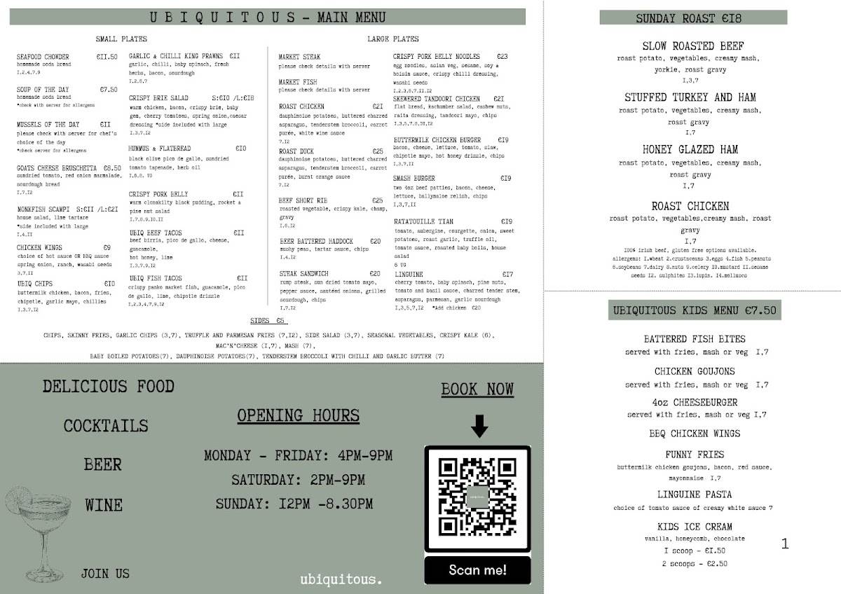 Menu at Ubiquitous Restaurant, Buncrana