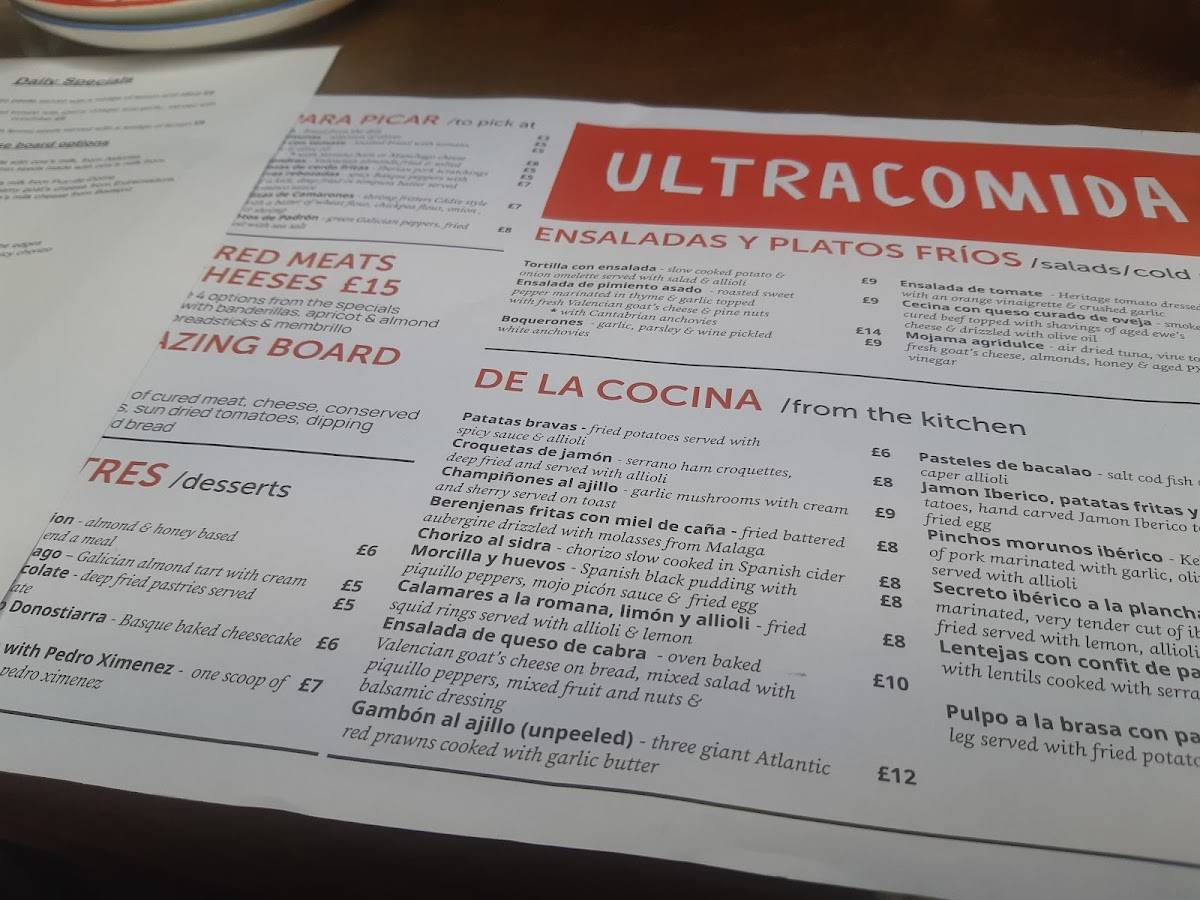 Menu at Ultracomida restaurant, Narberth