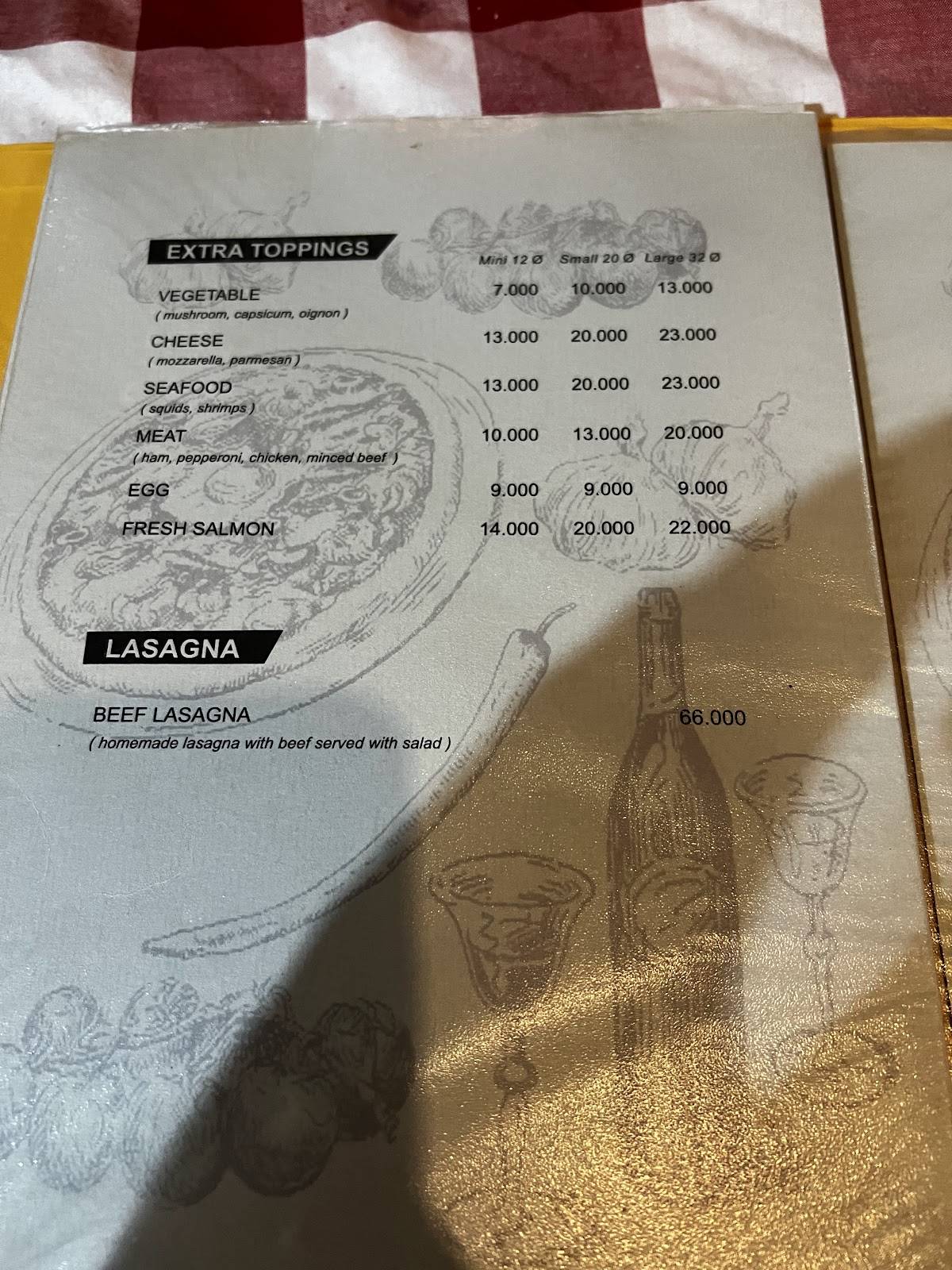 Menu at Umah Pizza restaurant, Ubud