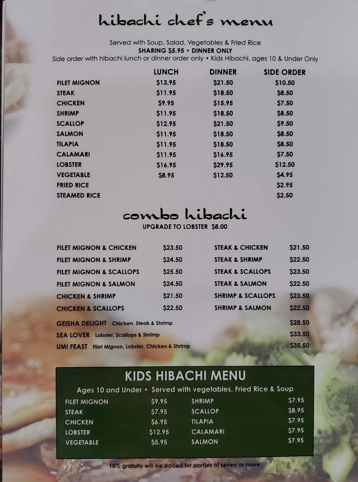 Menu at Umi Japanese Steakhouse, Florence