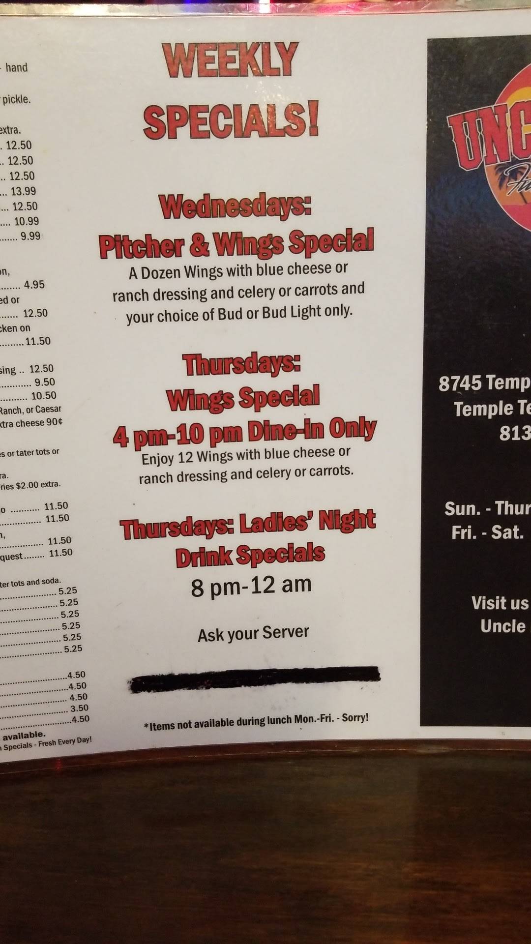 Menu at Uncle Fats Tavern pub & bar, Temple Terrace