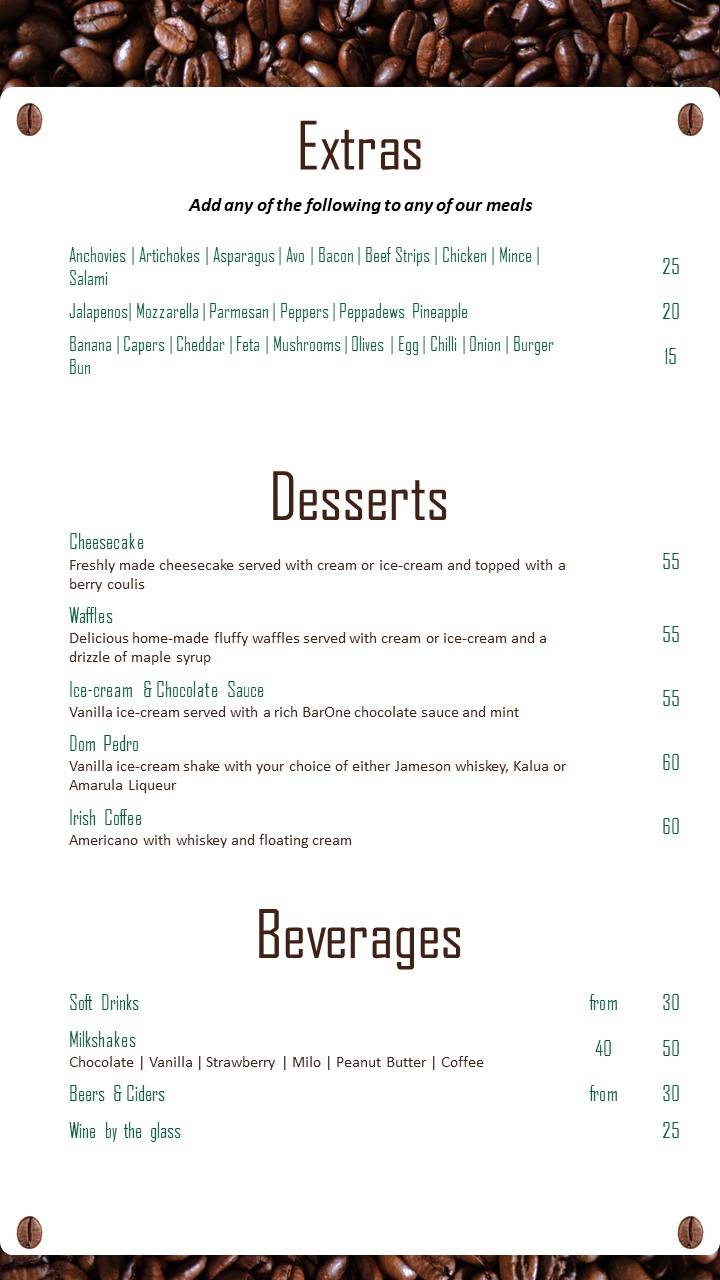 Menu at The Grind Cafe, Underberg