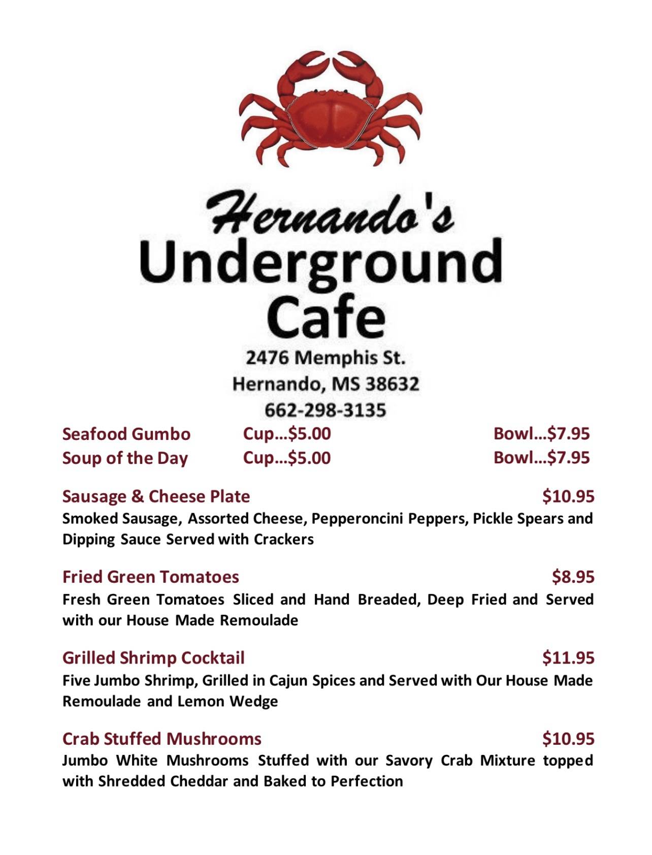 Menu at Underground Cafe, Hernando