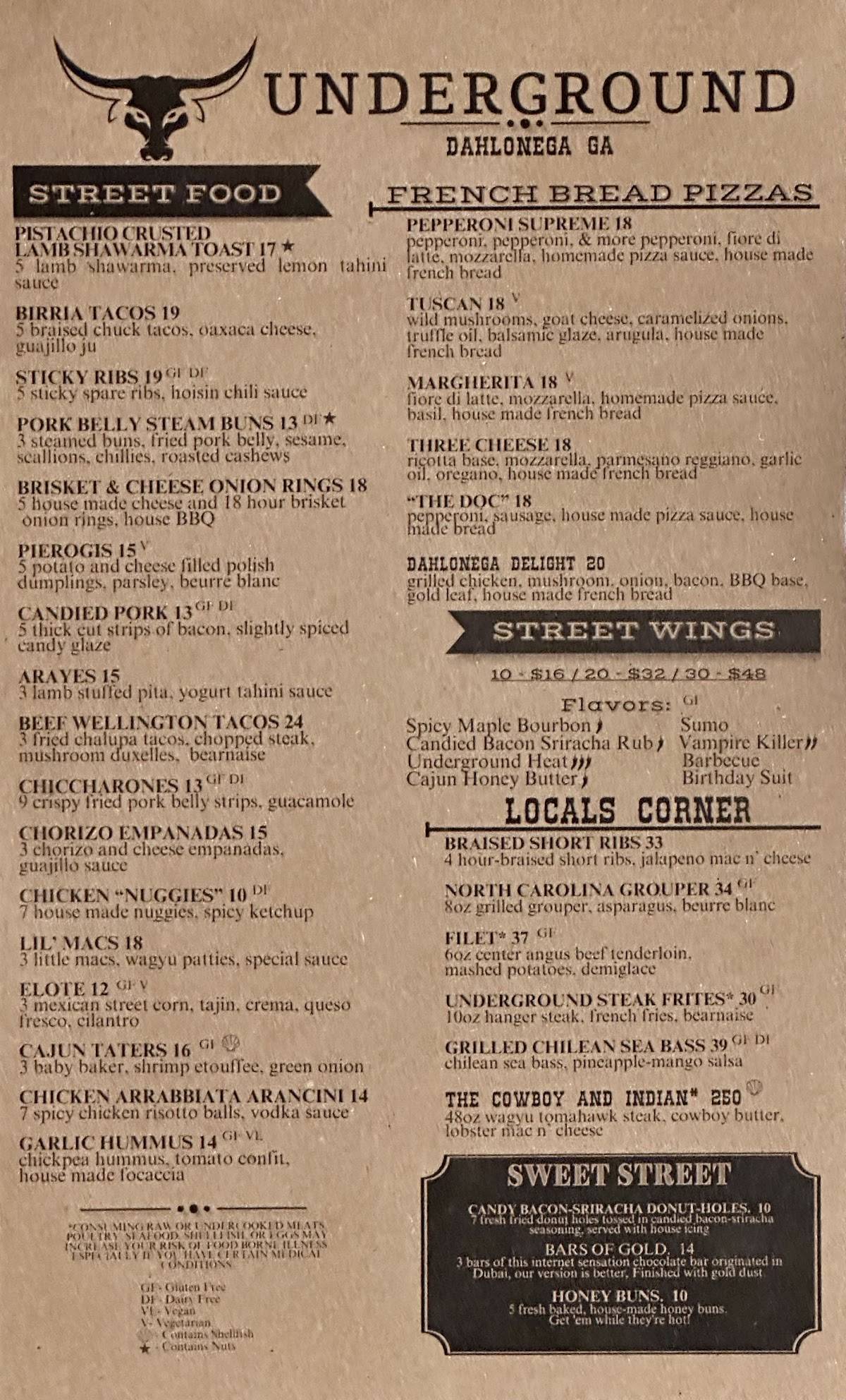 Menu at Underground pub & bar, Dahlonega