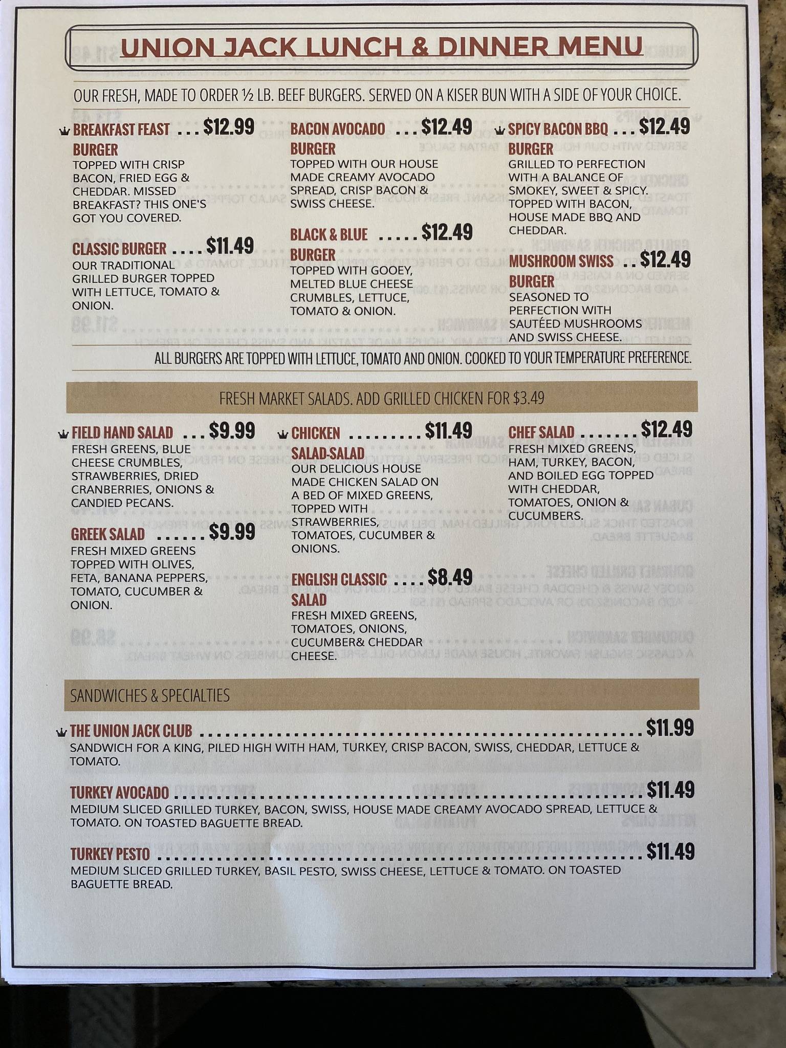 Menu at Union Jack Cafe, Rainbow City