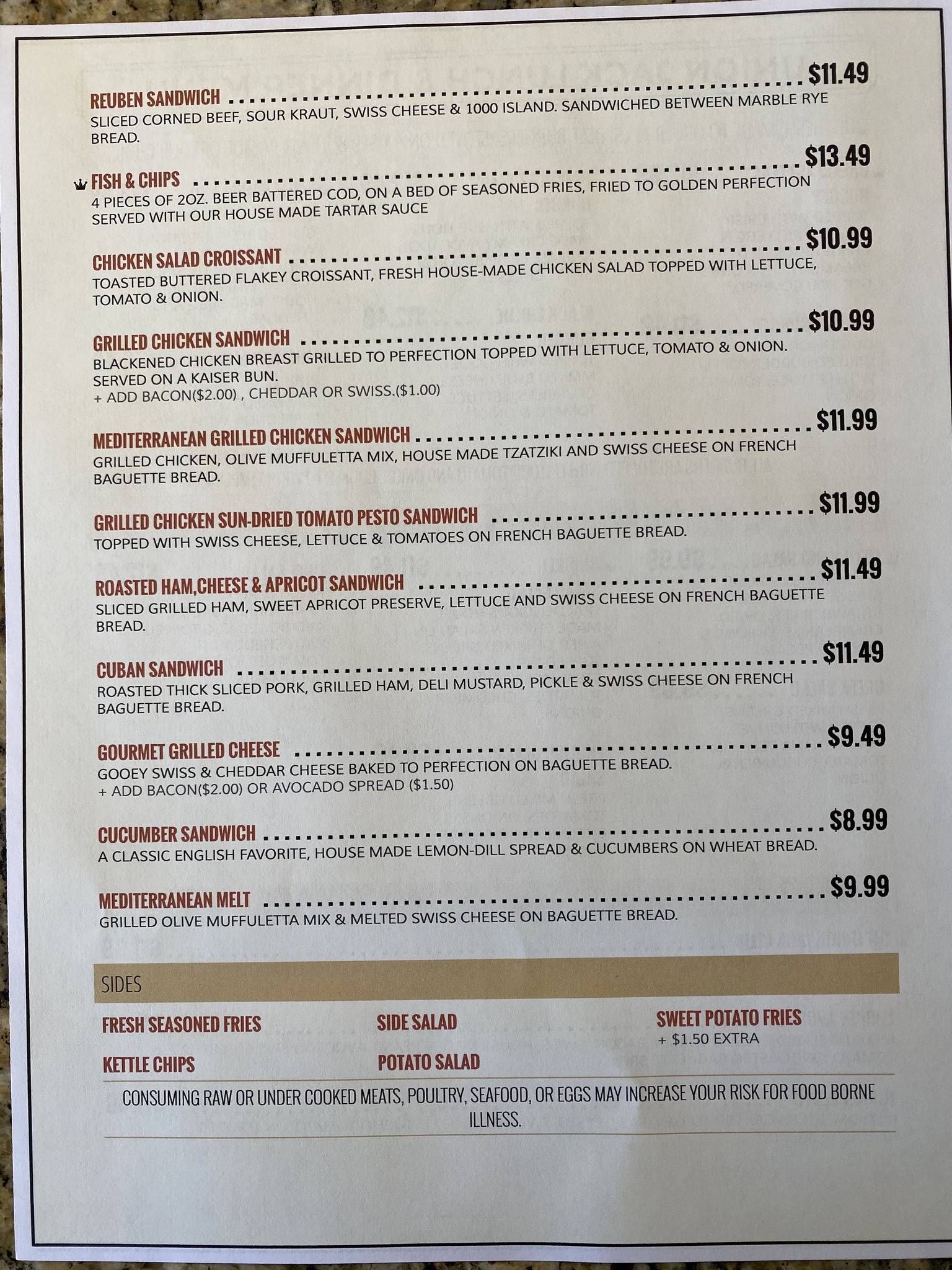 Menu at Union Jack Cafe, Rainbow City
