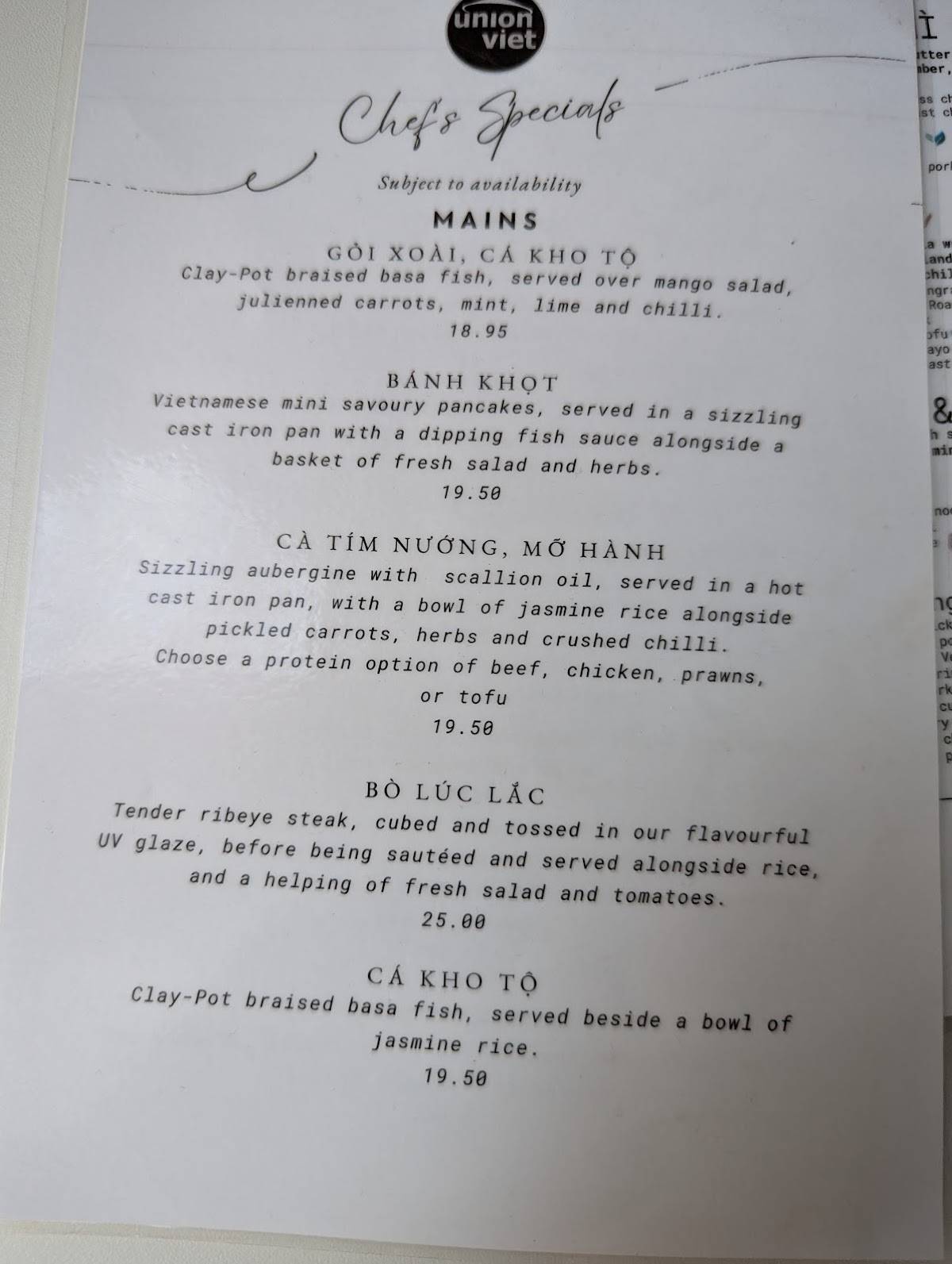 Menu at Union Viet Restaurant & Cafe, London