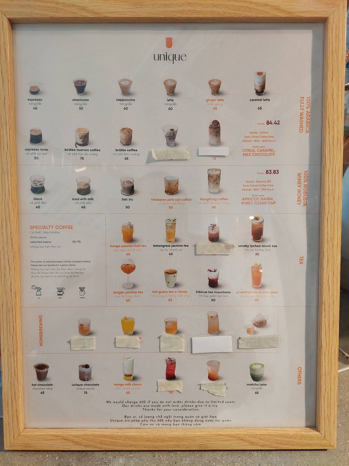 Menu at Unique Cafe, Ho Chi Minh City