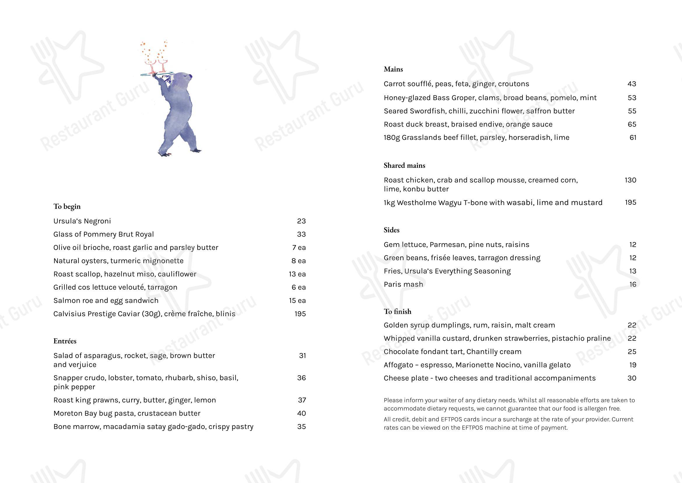Menu at Ursula's Paddington restaurant, Paddington