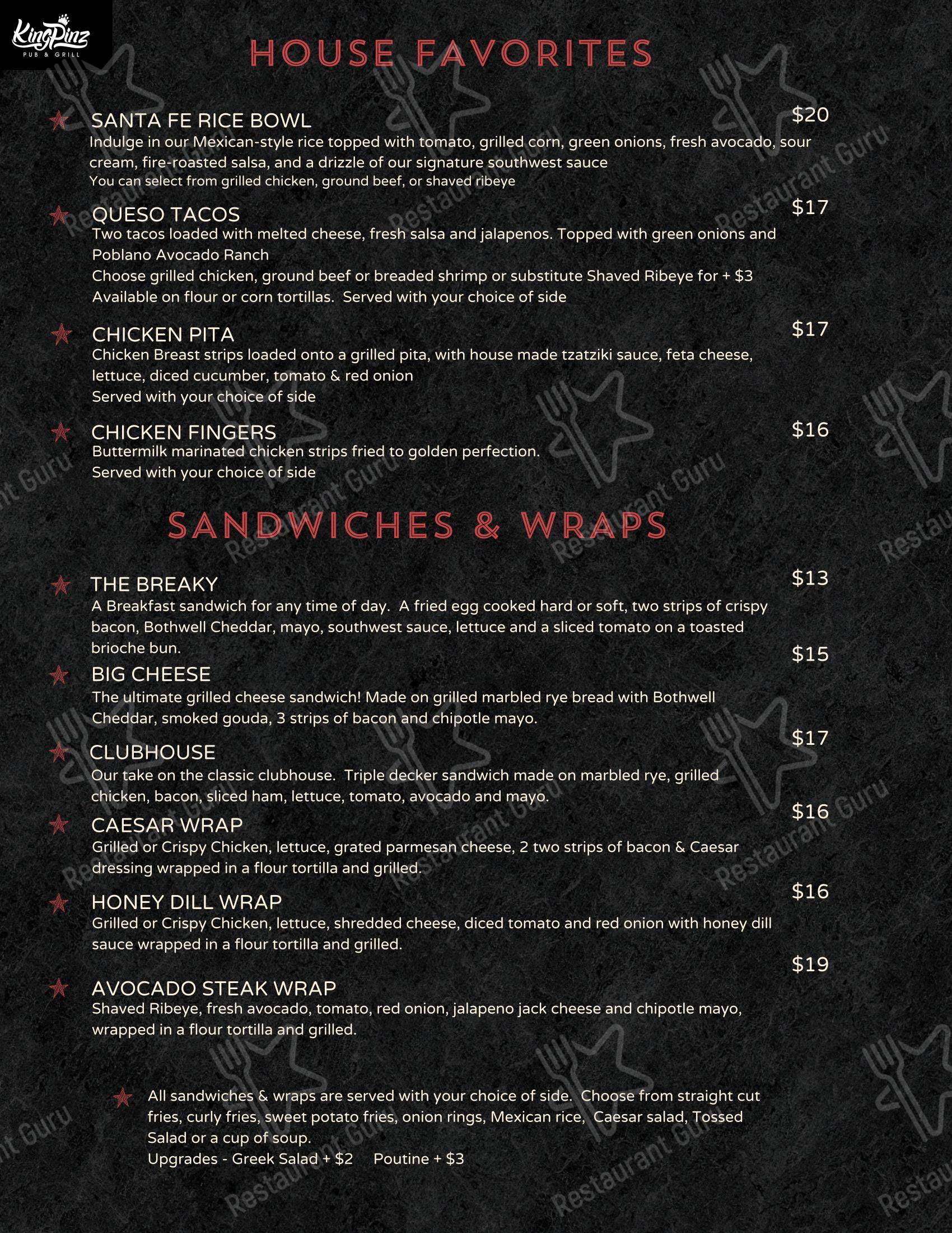 Menu at VB's Entertainment Center / King Pinz Pub & Grill, Winkler