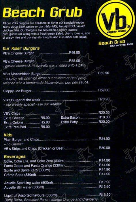 Menu at VB's restaurant, Durban North, Fairway