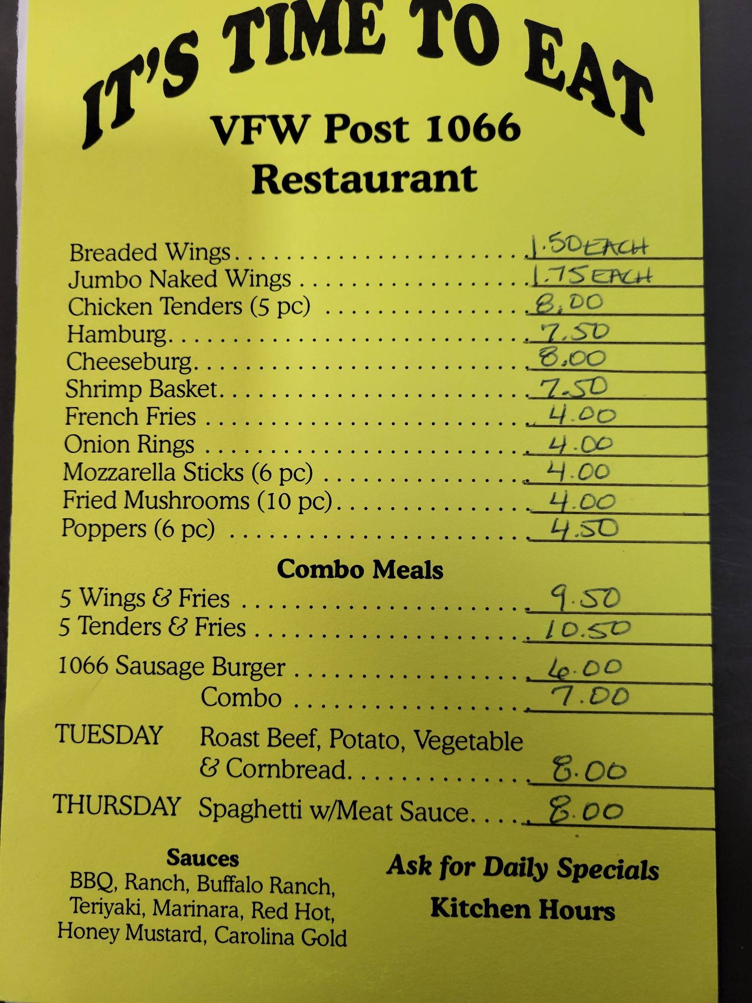Menu at VFW Post 1066 pub & bar, Barberton