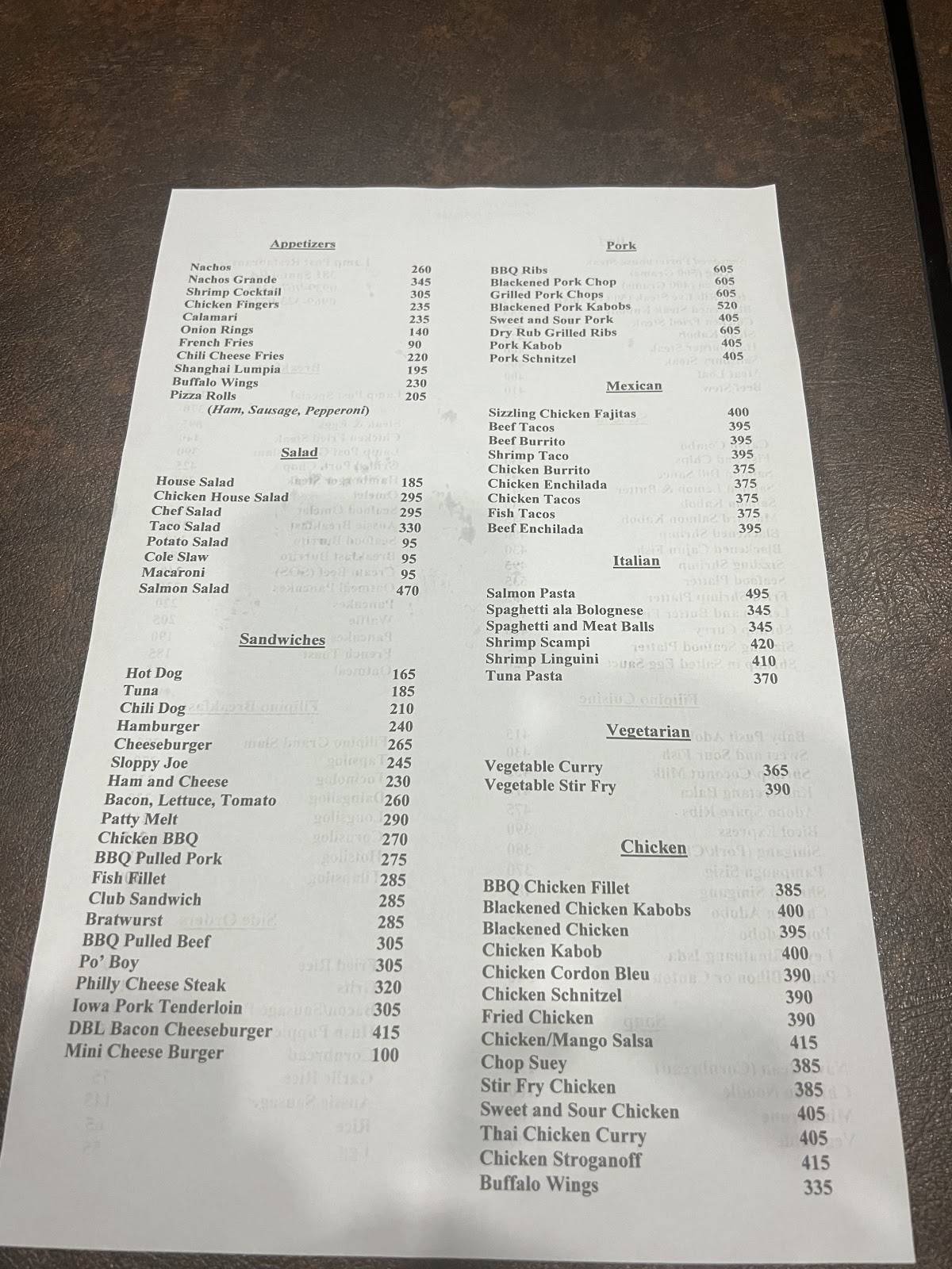 Menu at VFW restaurant, Angeles