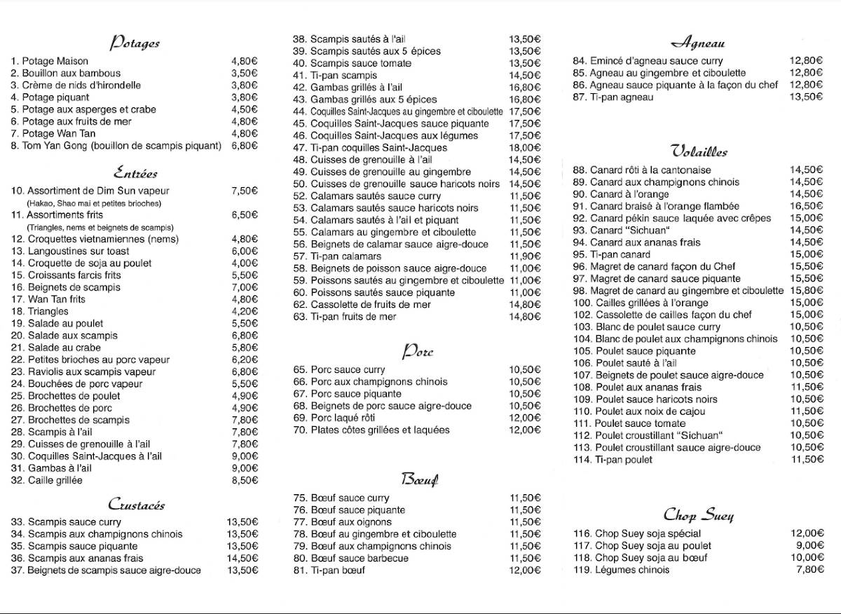 Menu au VILLAGE CHINOIS 18, Erquelinnes