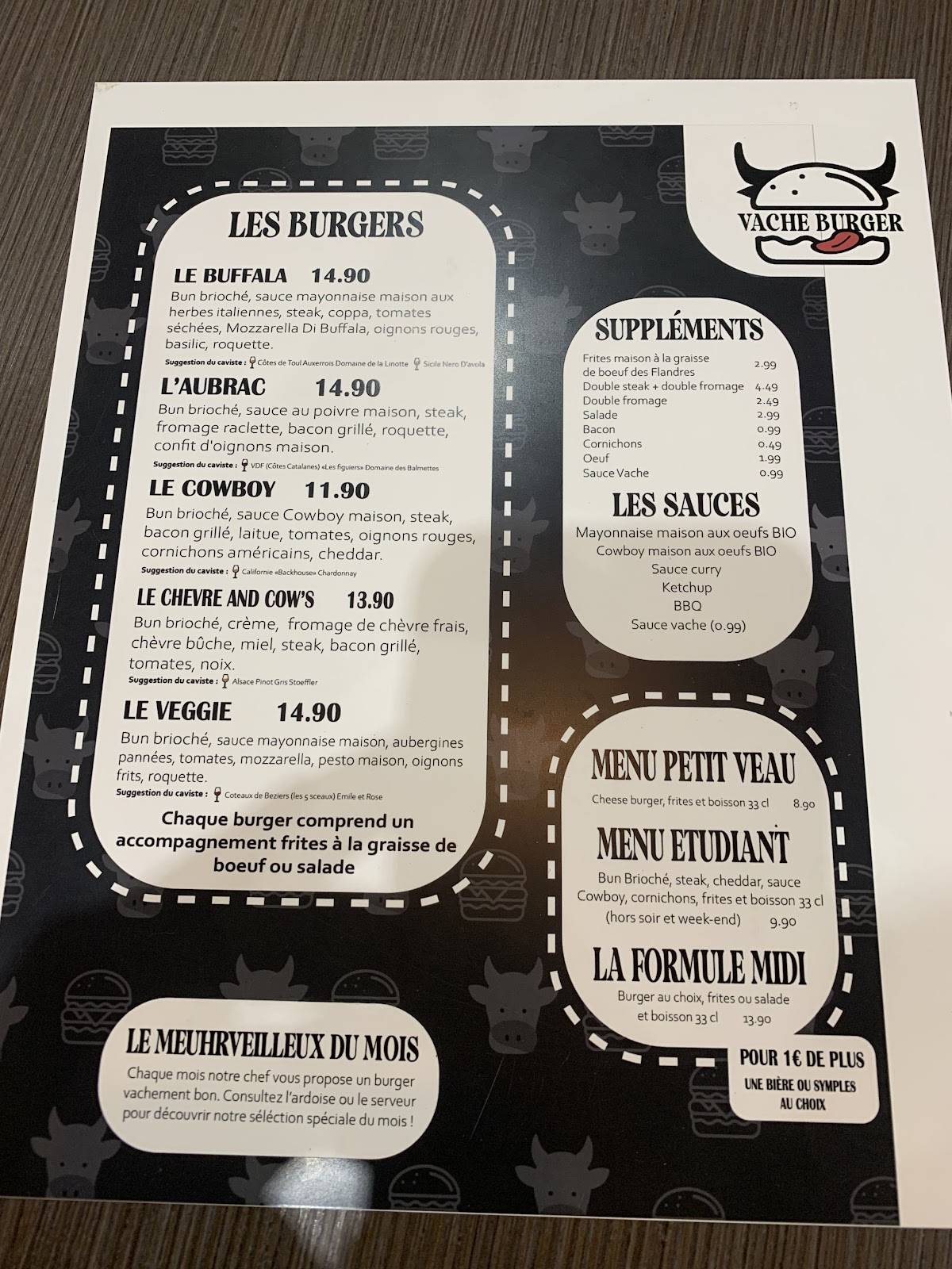 Carta del restaurante Vache Burger, Nancy