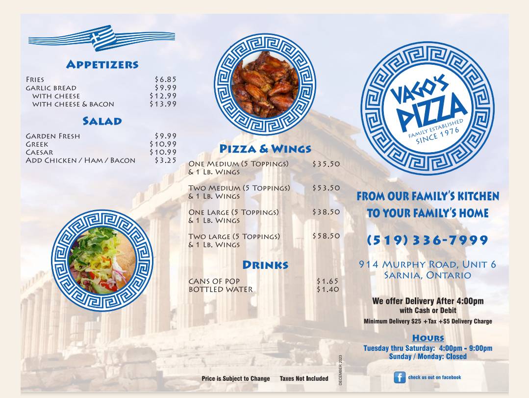 Menu at Vago's Family Pizza restaurant, Sarnia, 914 Murphy Rd