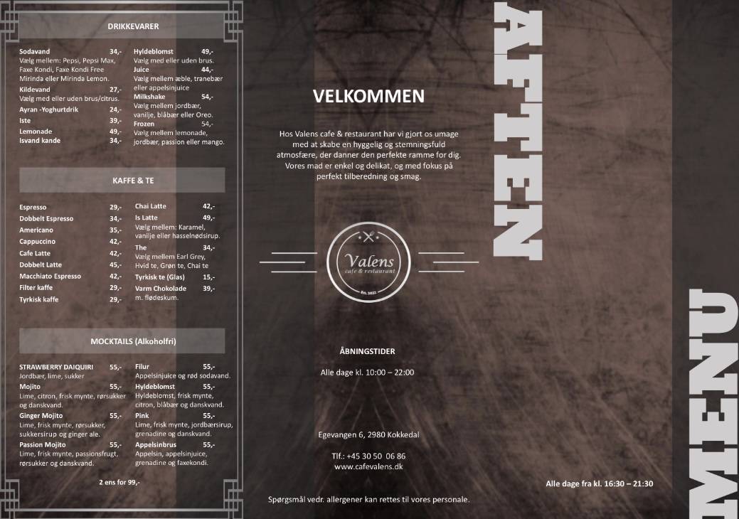 Menu at Valens Cafe & Restaurant, Kokkedal