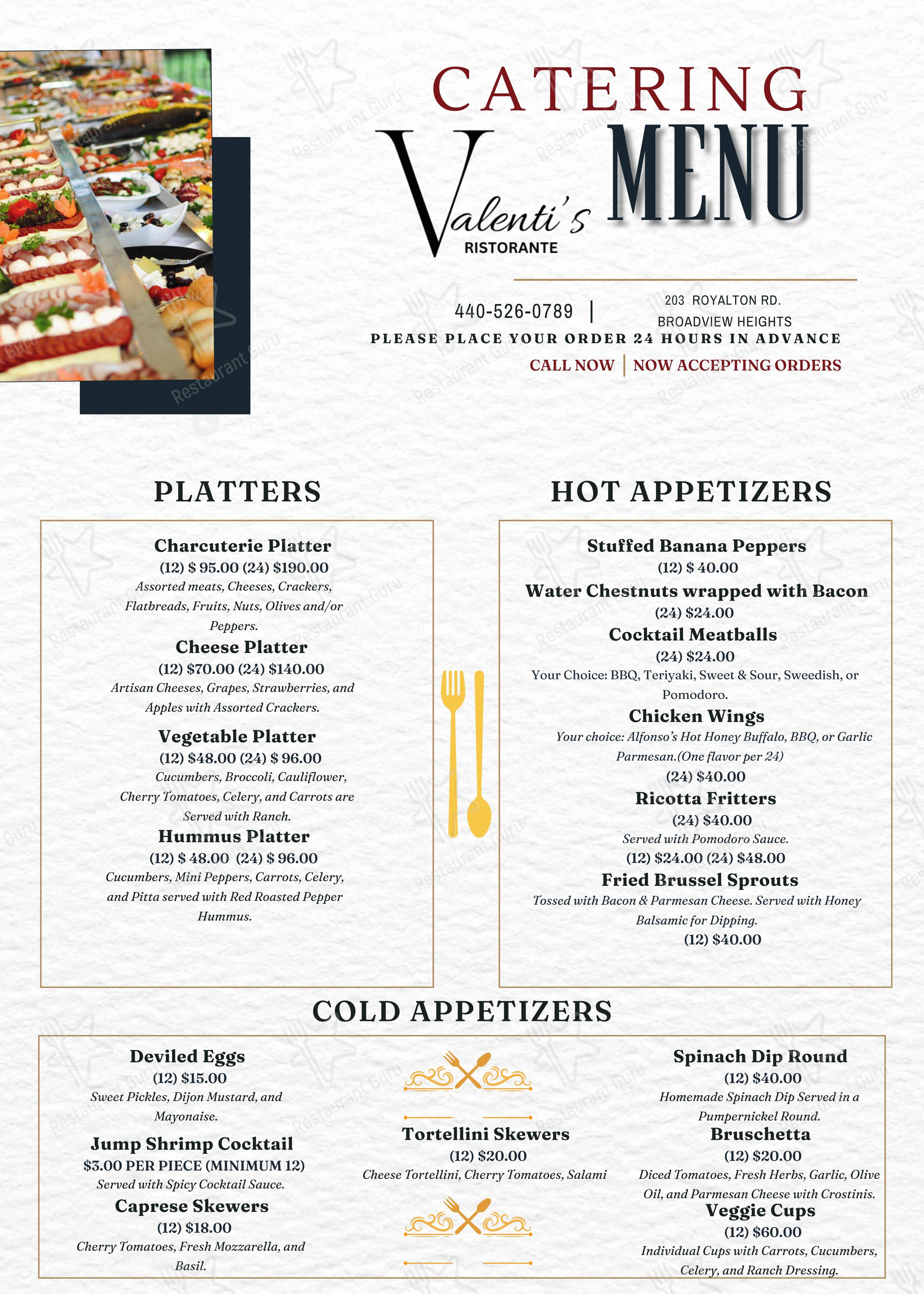 Menu at Valenti’s Ristorante restaurant, Broadview Heights