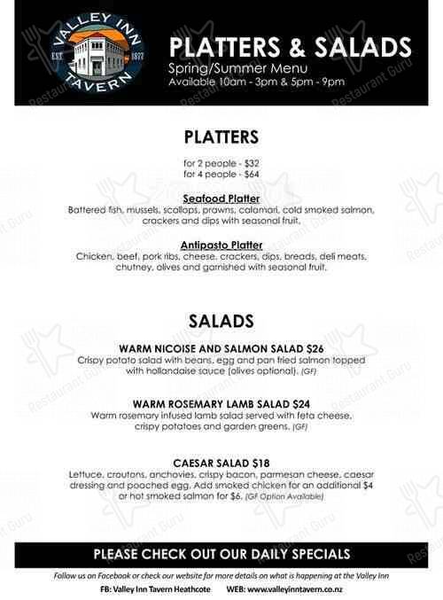 Menu at Valley Inn Tavern pub & bar, Christchurch
