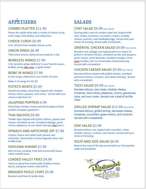 Menu at Valley Restaurant and Catering, Volga