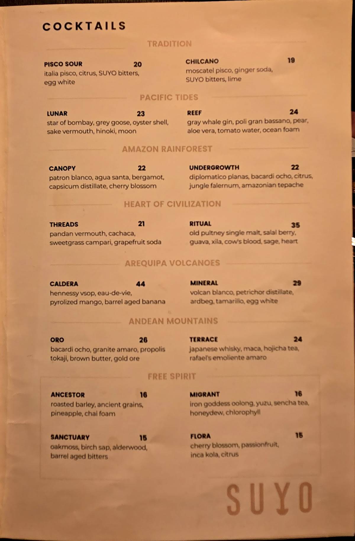 Menu at SUYO Modern Peruvian pub & bar, Vancouver, Main St