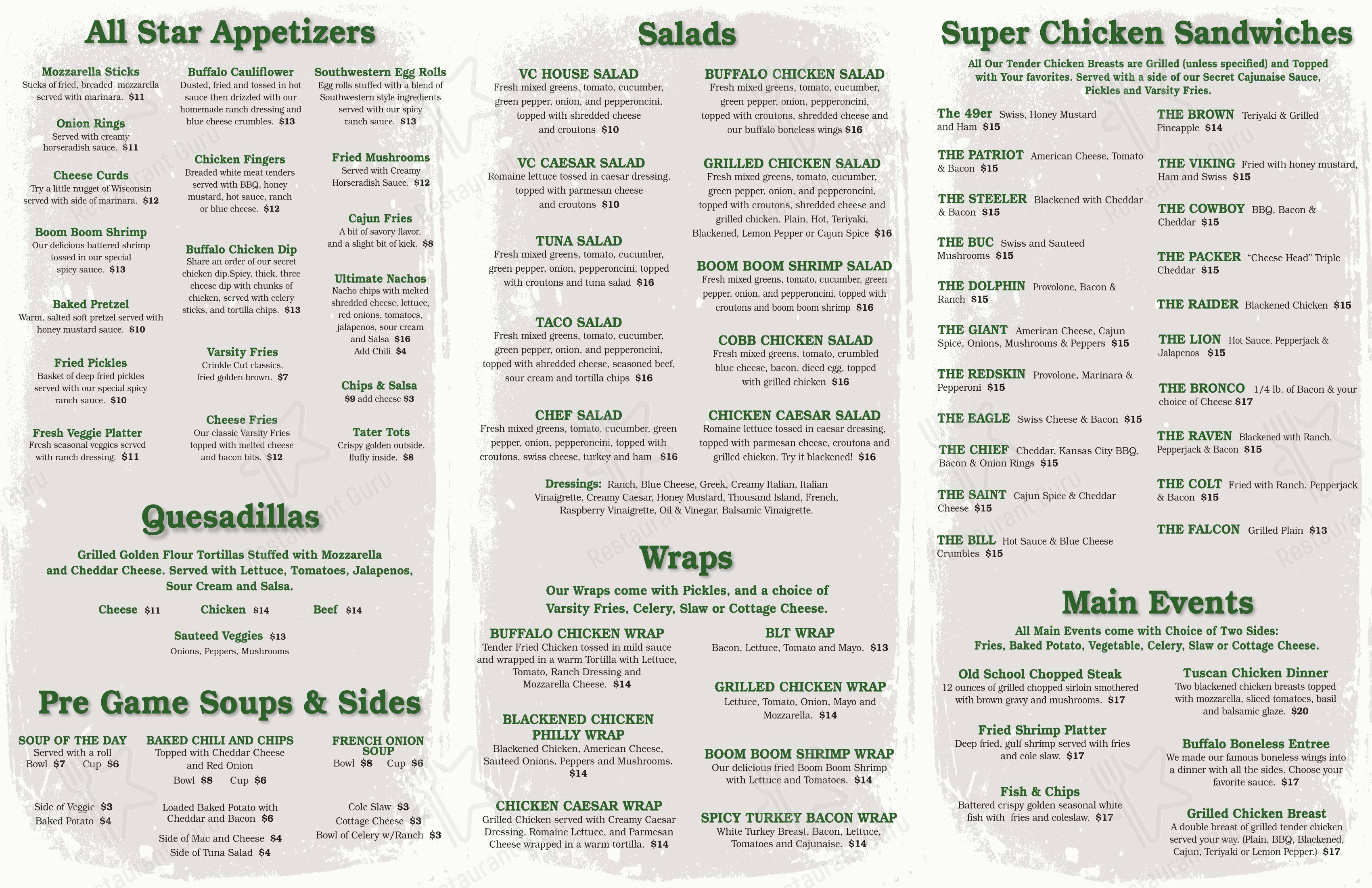 Menu at Varsity Club Sports Bar and Grille, Clearwater