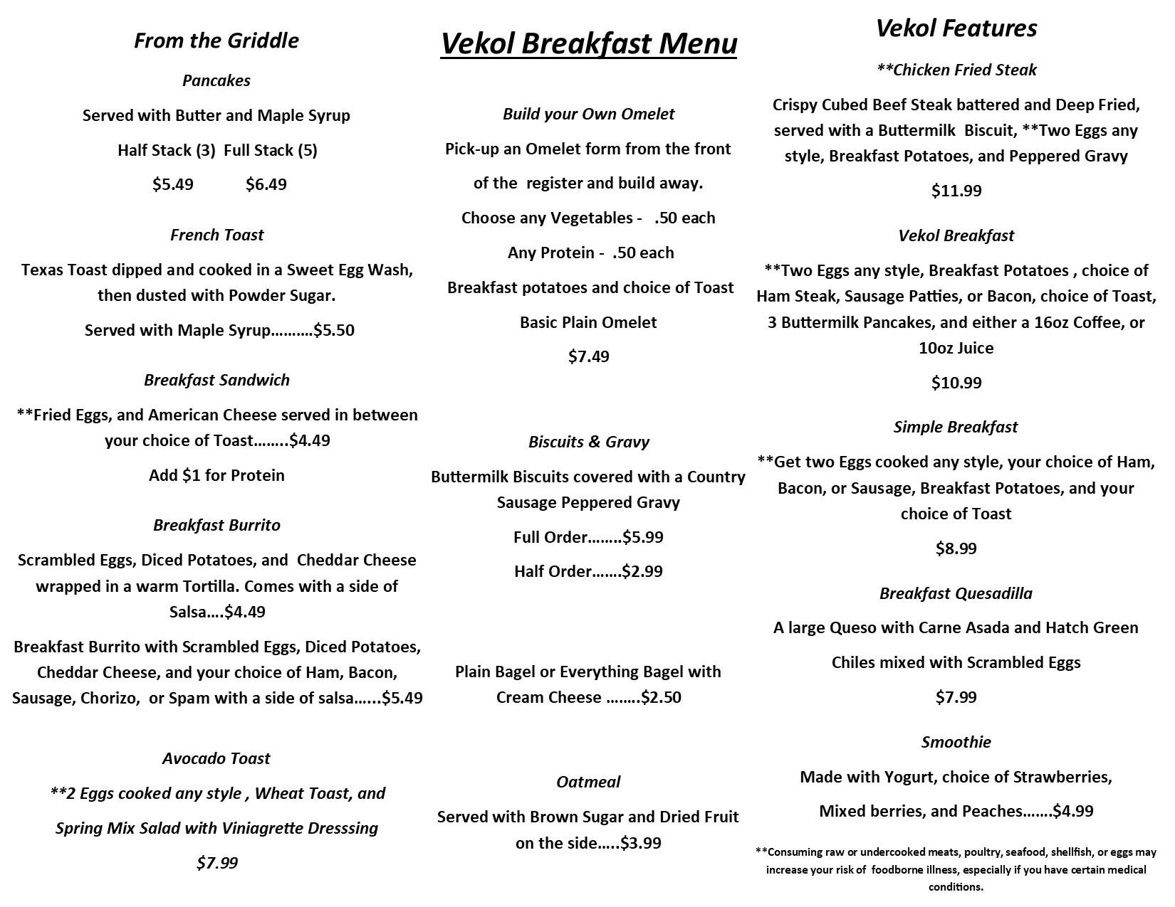 Menu at Vekol Market cafe, Maricopa