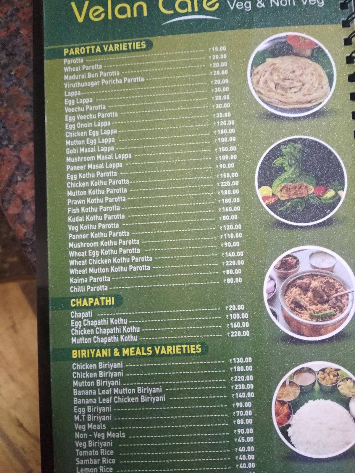 Menu at Velan Cafe, Thanjavur